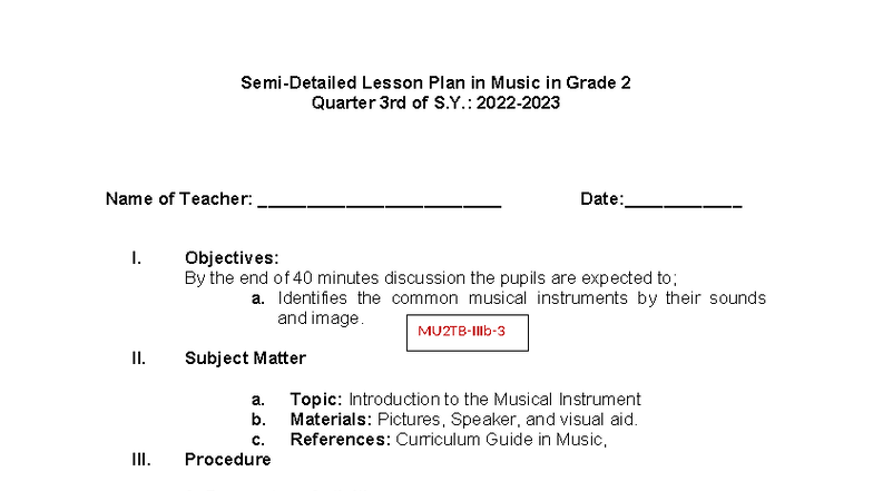 Grade 2 Music Lesson Plan: Introduction to Musical Instruments - Studocu