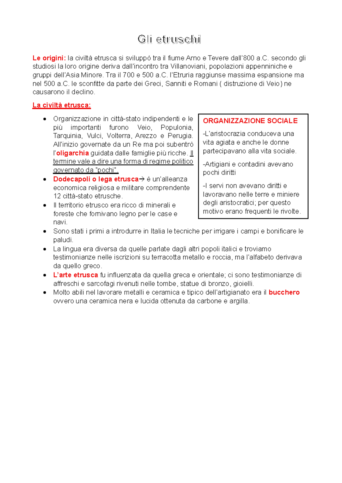 Etruschi - schema riassuntivo della lezione - Le origini: la civiltà ...