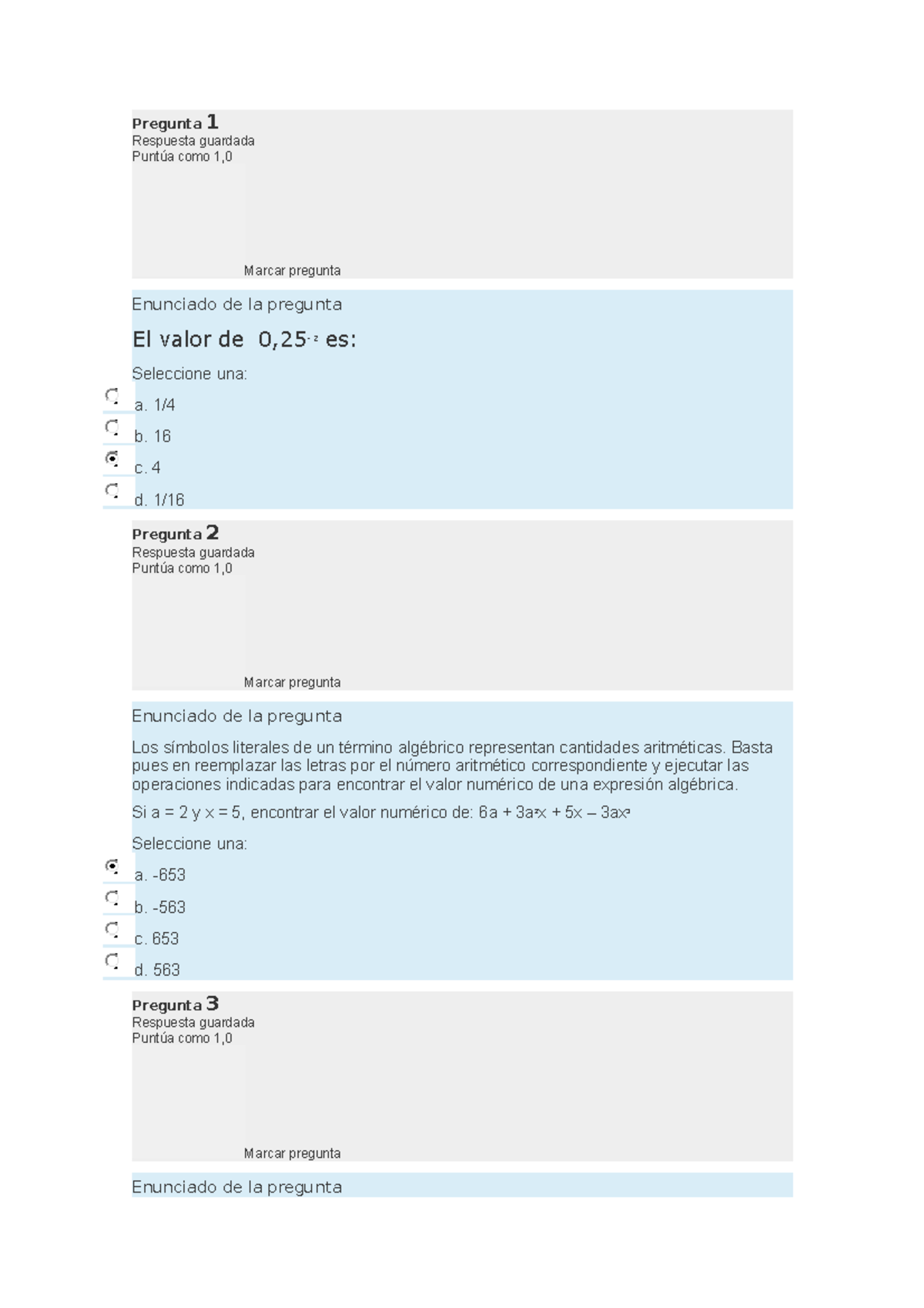 Cuestionario 1 de Álgebra: Preguntas y Respuestas Básicas - Studocu