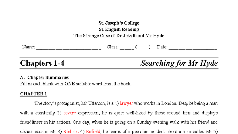 S1 English Reading: Dr. Jekyll and Mr. Hyde Chapters 1-4 Summary - Studocu