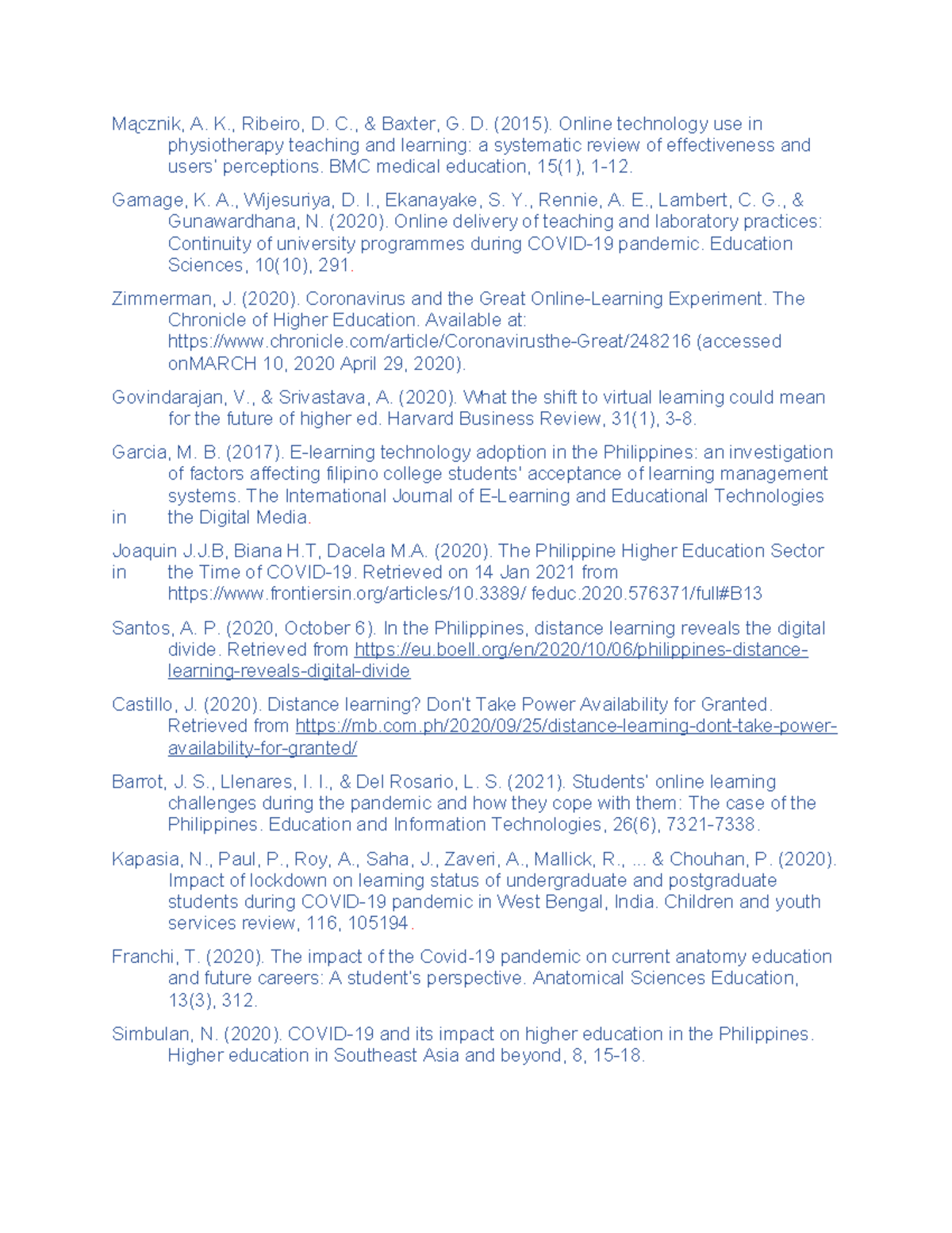 "References for Thesis on Online Learning Challenges in Filipino ...