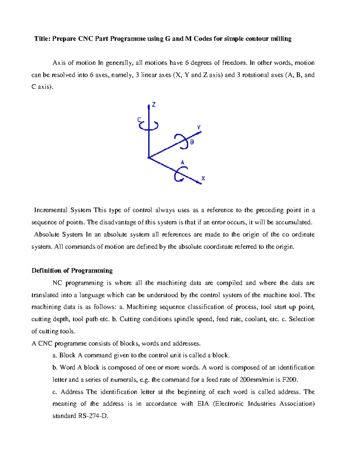 CNC Part Program - Read - Title: Prepare CNC Part Programme using G and ...