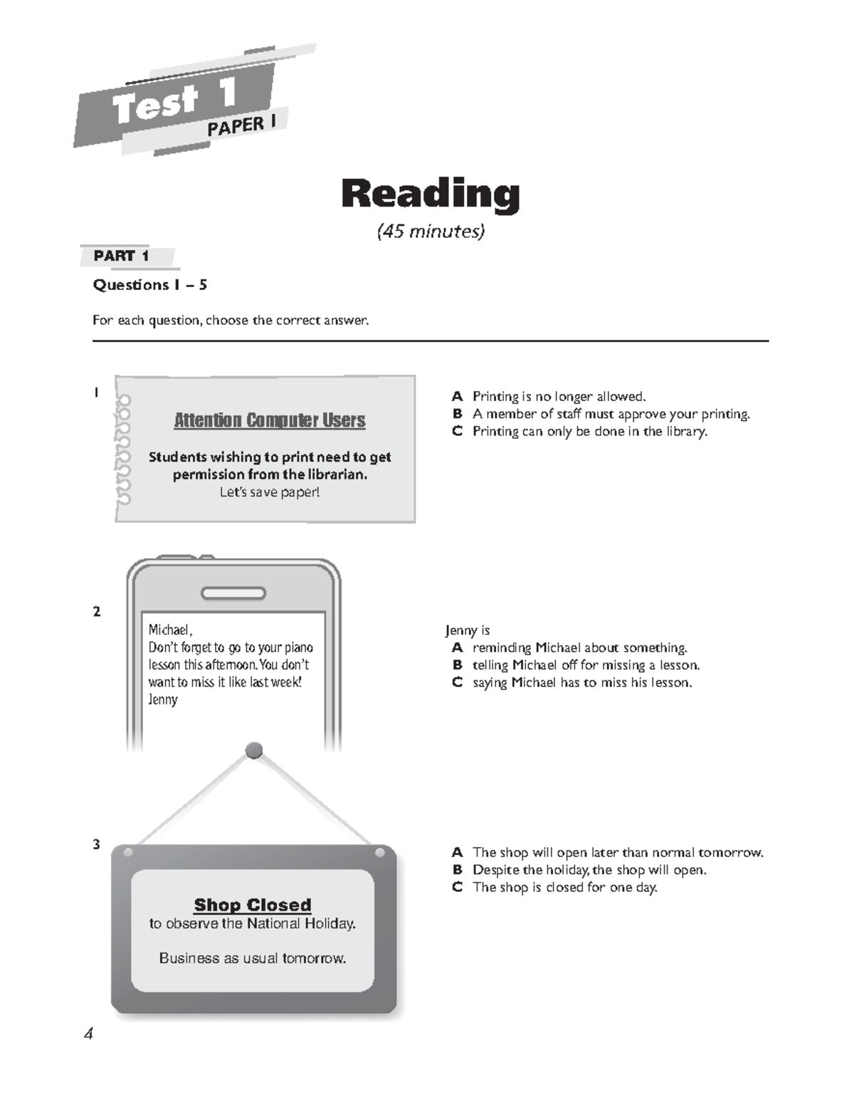 TEST 1 Pet for b1 - Test 1 PAPER 1 Reading (45 minutes) Questions 1 – 5 ...