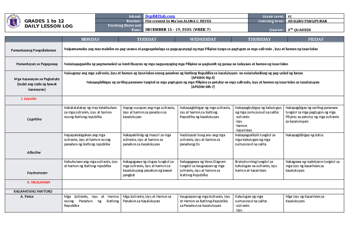 DLL Araling Panlipunan 6 Q3 W7: Mga Suliranin at Hamon ng Ikatlong ...