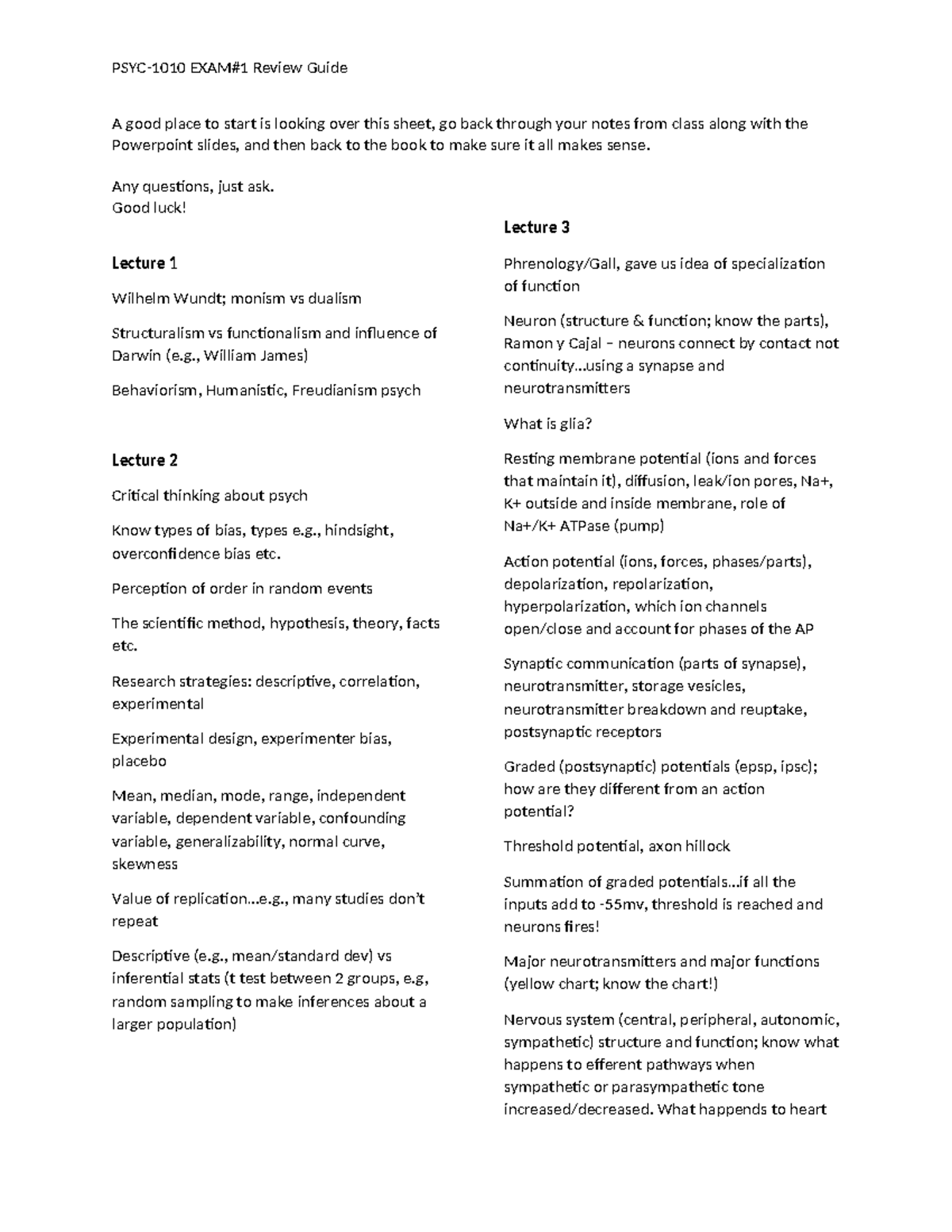 PSYC-1010 Exam #1 Review Guide: Key Concepts & Lecture Highlights - Studocu