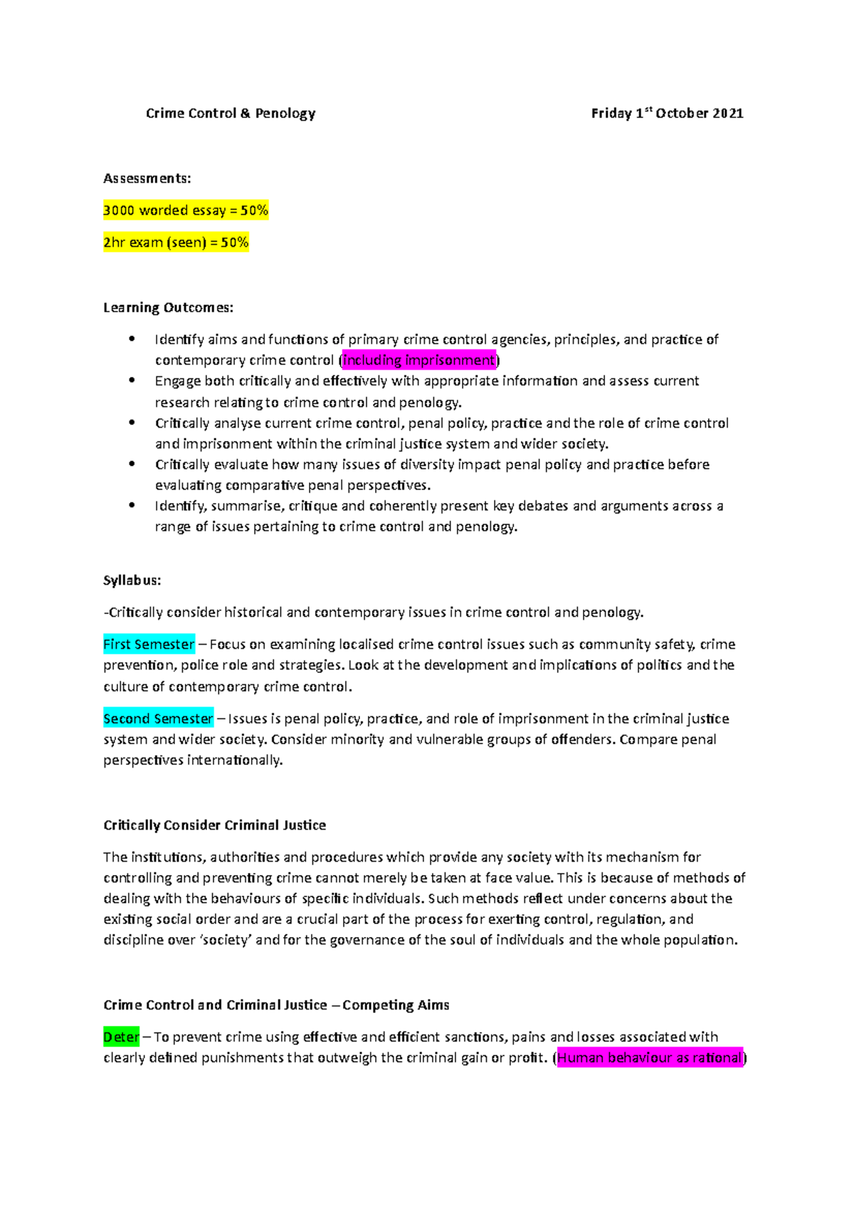 Crime Control & Penology - Course Overview and Key Insights - Studocu
