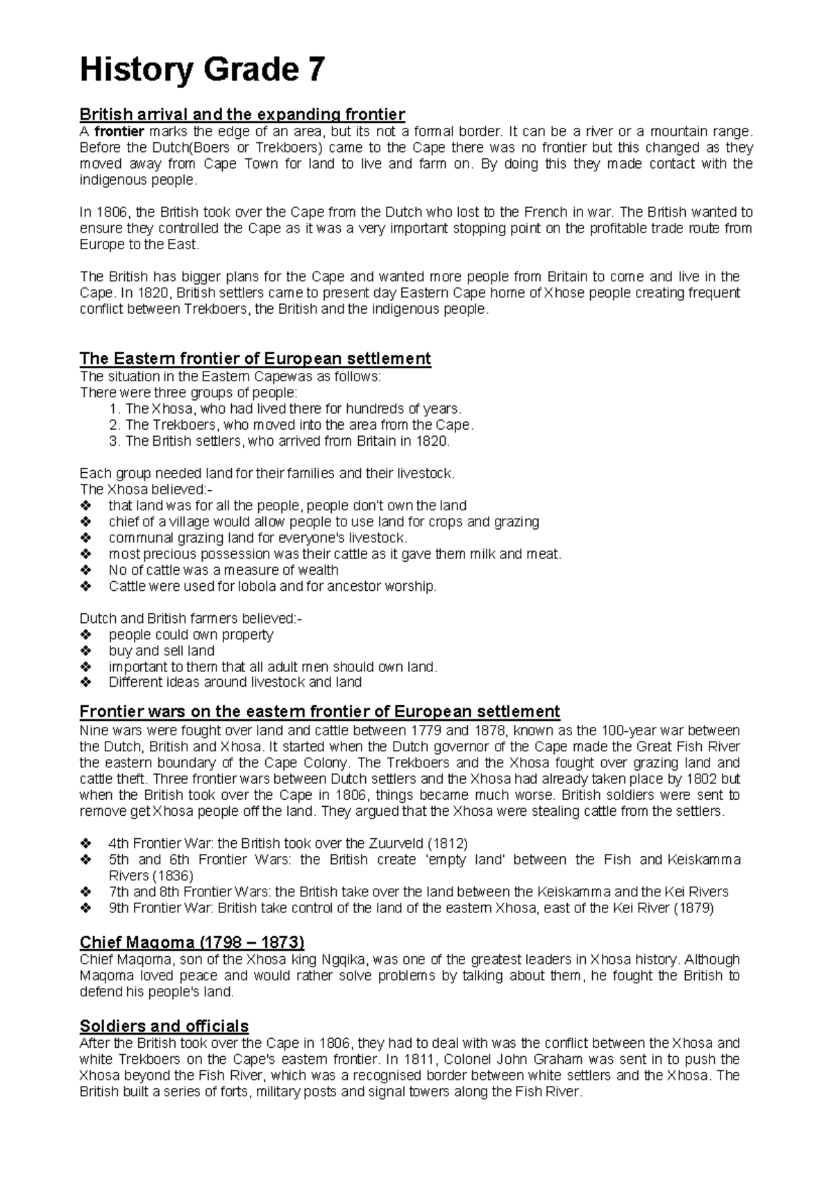 History Grade 7: British Arrival and the Eastern Frontier Expansion ...