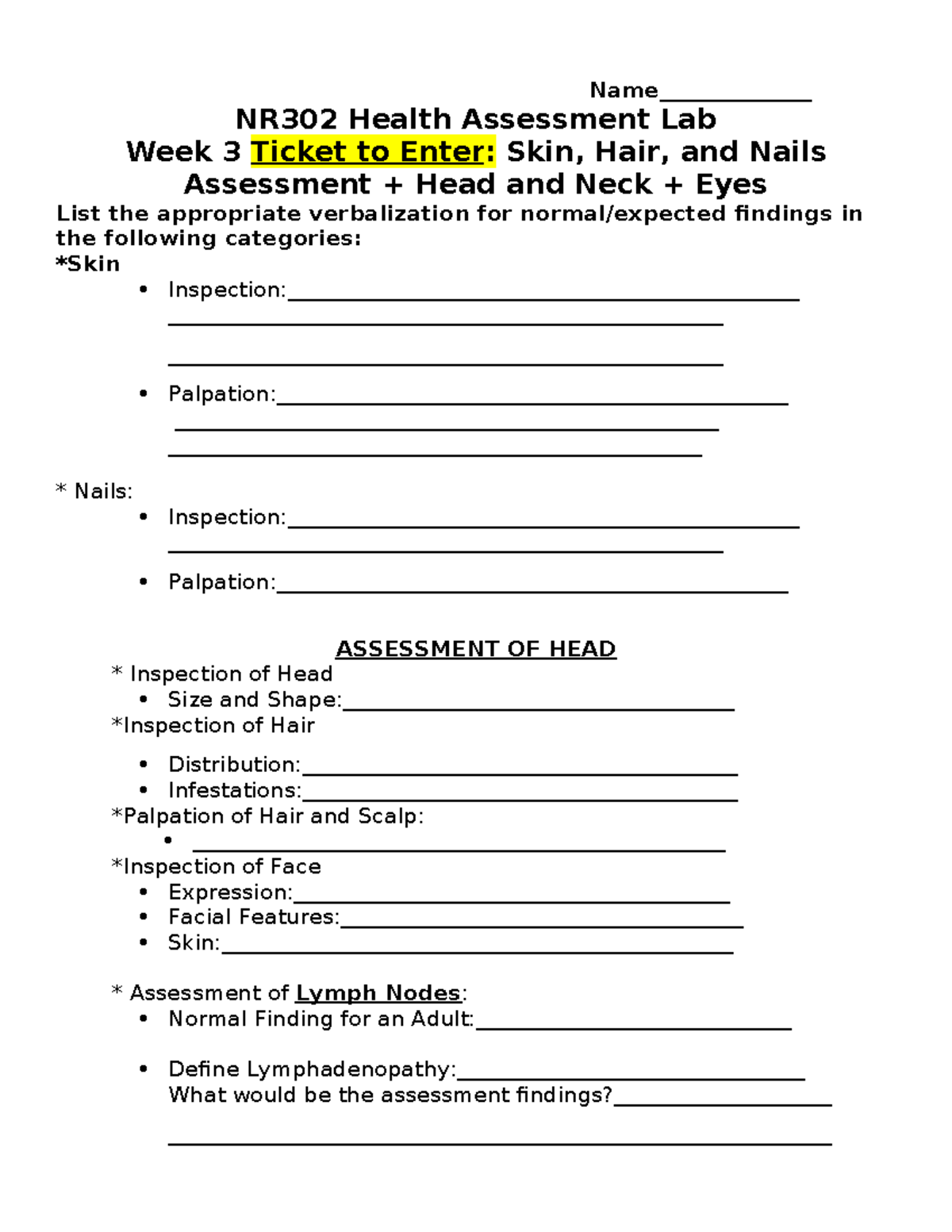 Ticket to Enter Week3 Skin Neck Lymph Nodes Eyes - Name ...