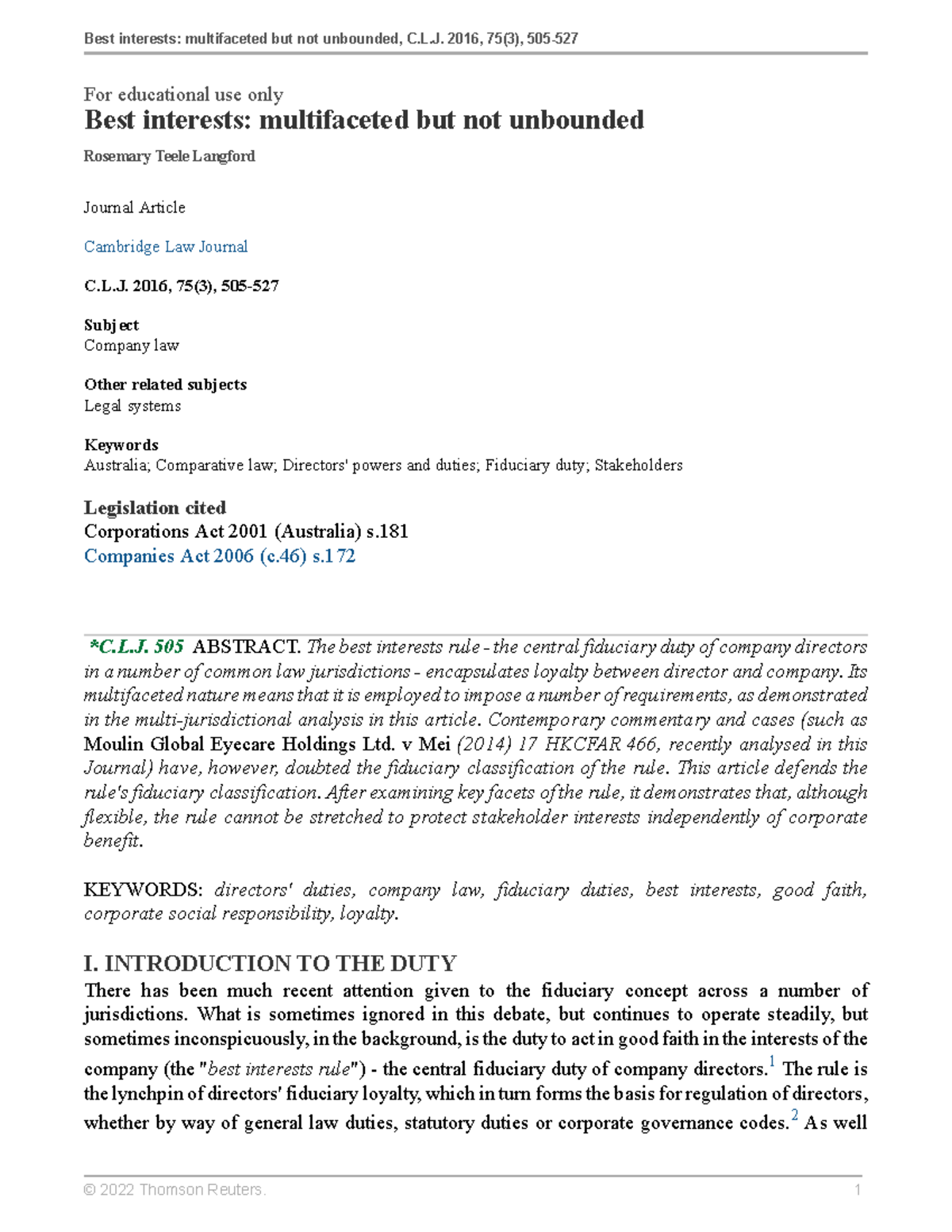 Best Interests Rule in Company Law: A Comparative Analysis (C.L.J. 2016 ...