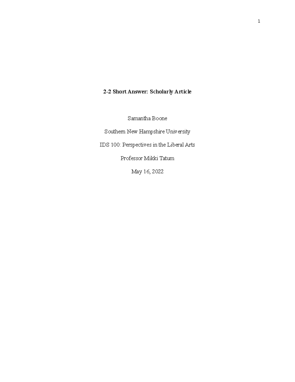 2-2 Short Answer Scholrly Article - 1 2-2 Short Answer: Scholarly ...