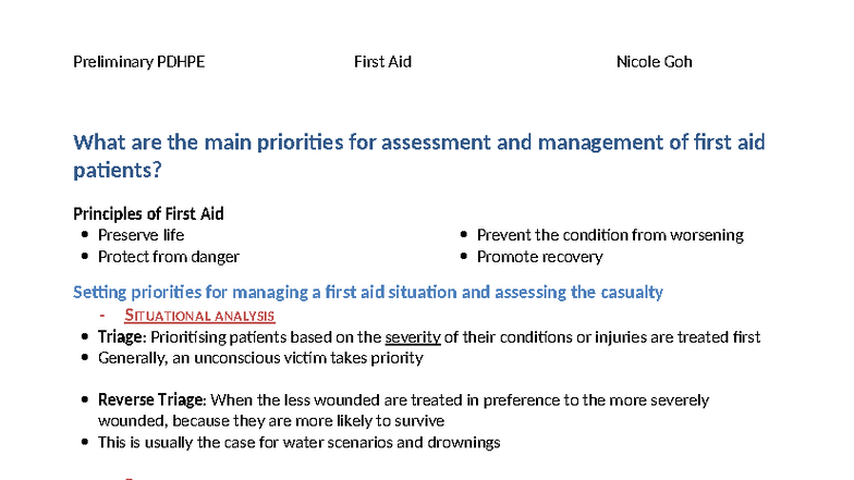Preliminary PDHPE First Aid Notes: Priorities in Patient Assessment ...