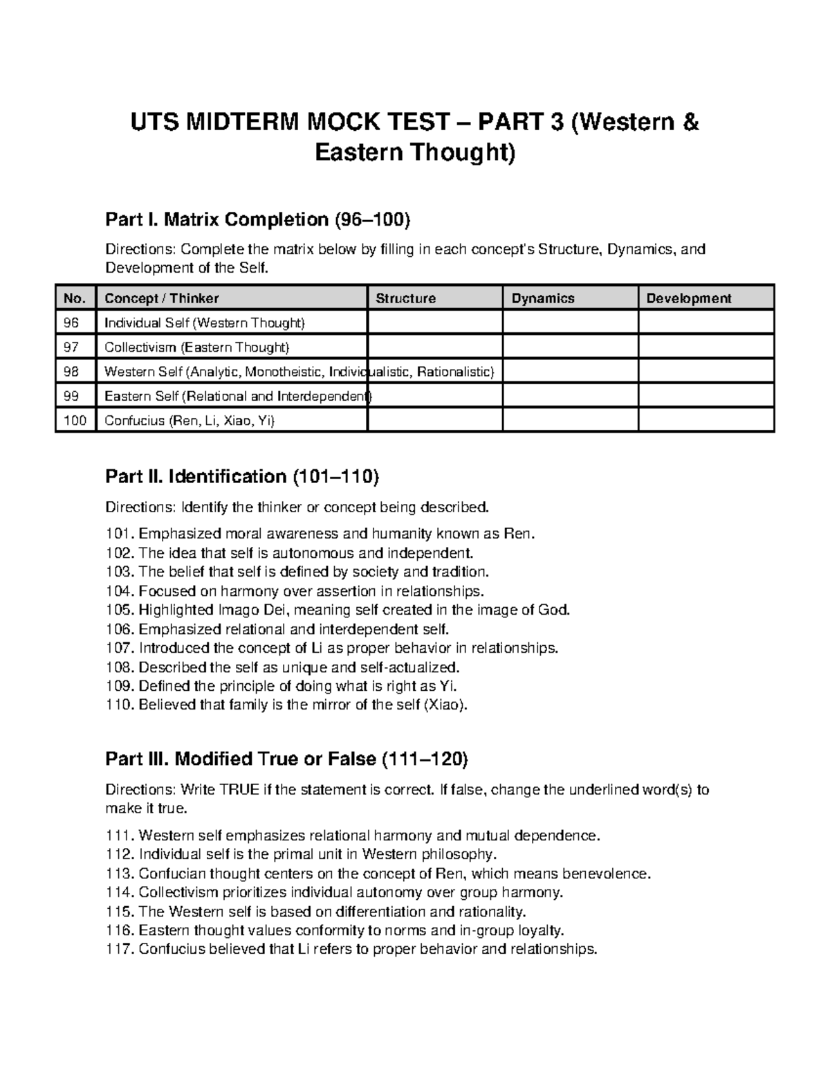 UTS MIDTERM MOCK TEST PART 3: Western & Eastern Thought Analysis - Studocu