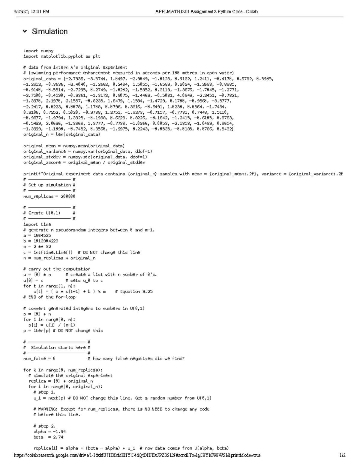 APPLMATH1201 Assignment 2: Python Code Simulation in Colab - Studocu