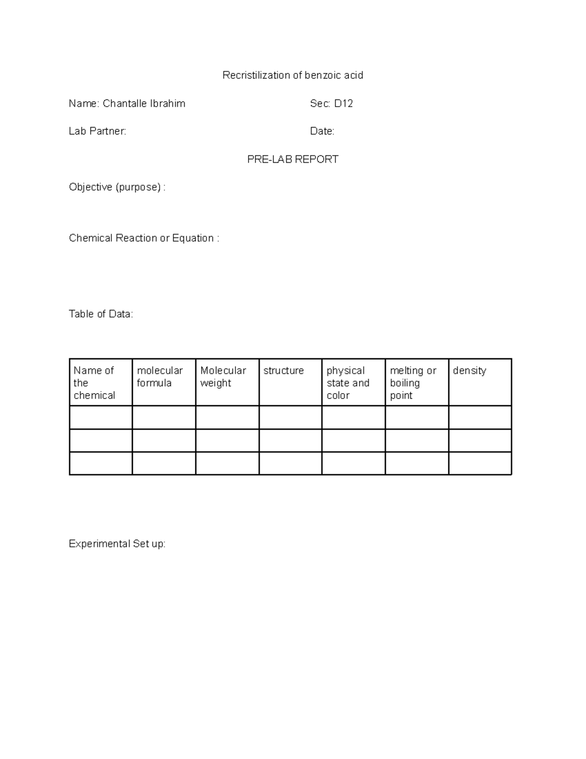 Lab template - CHM 2210 - Recristilization of benzoic acid Name ...