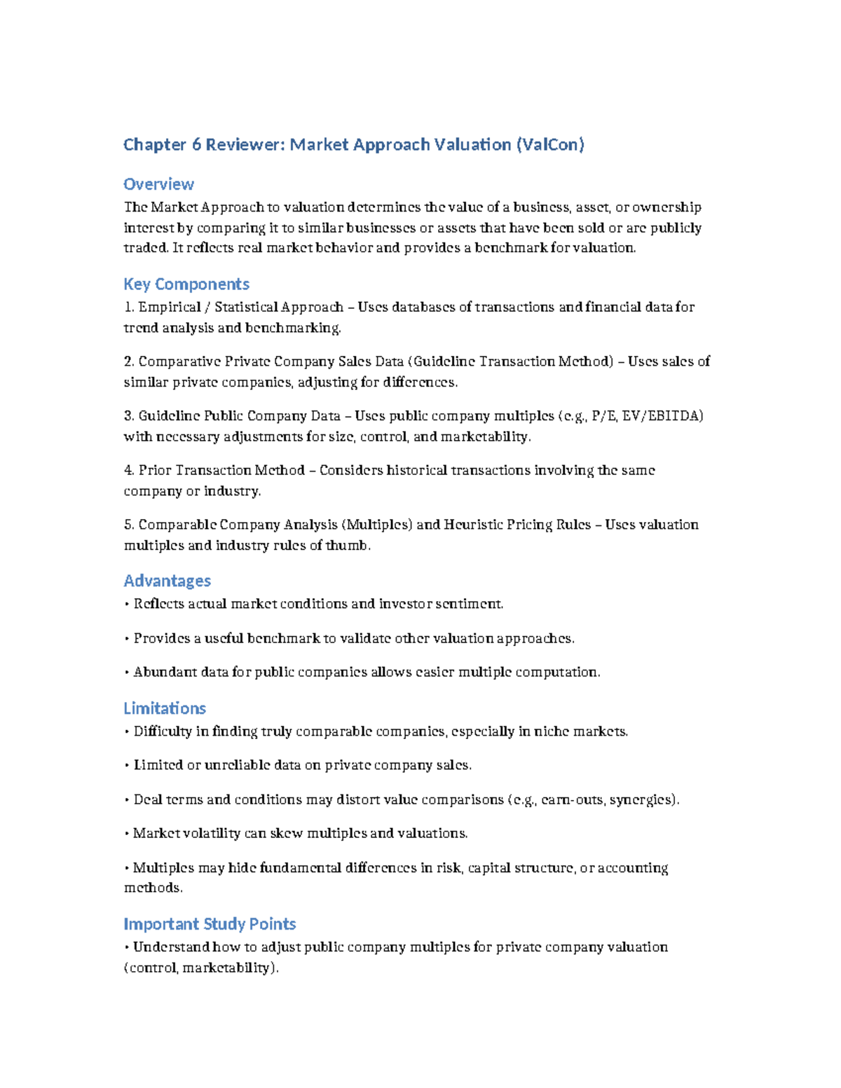 Chapter 6 Reviewer: Market Approach Valuation (ValCon) Insights - Studocu