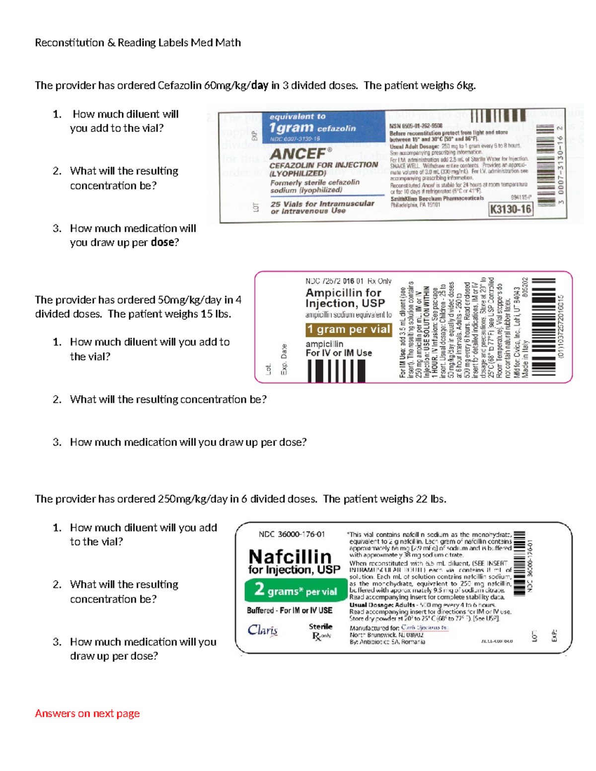 Reconstitution & Reading Labels Med Math: Cefazolin Dosing Guide - Studocu