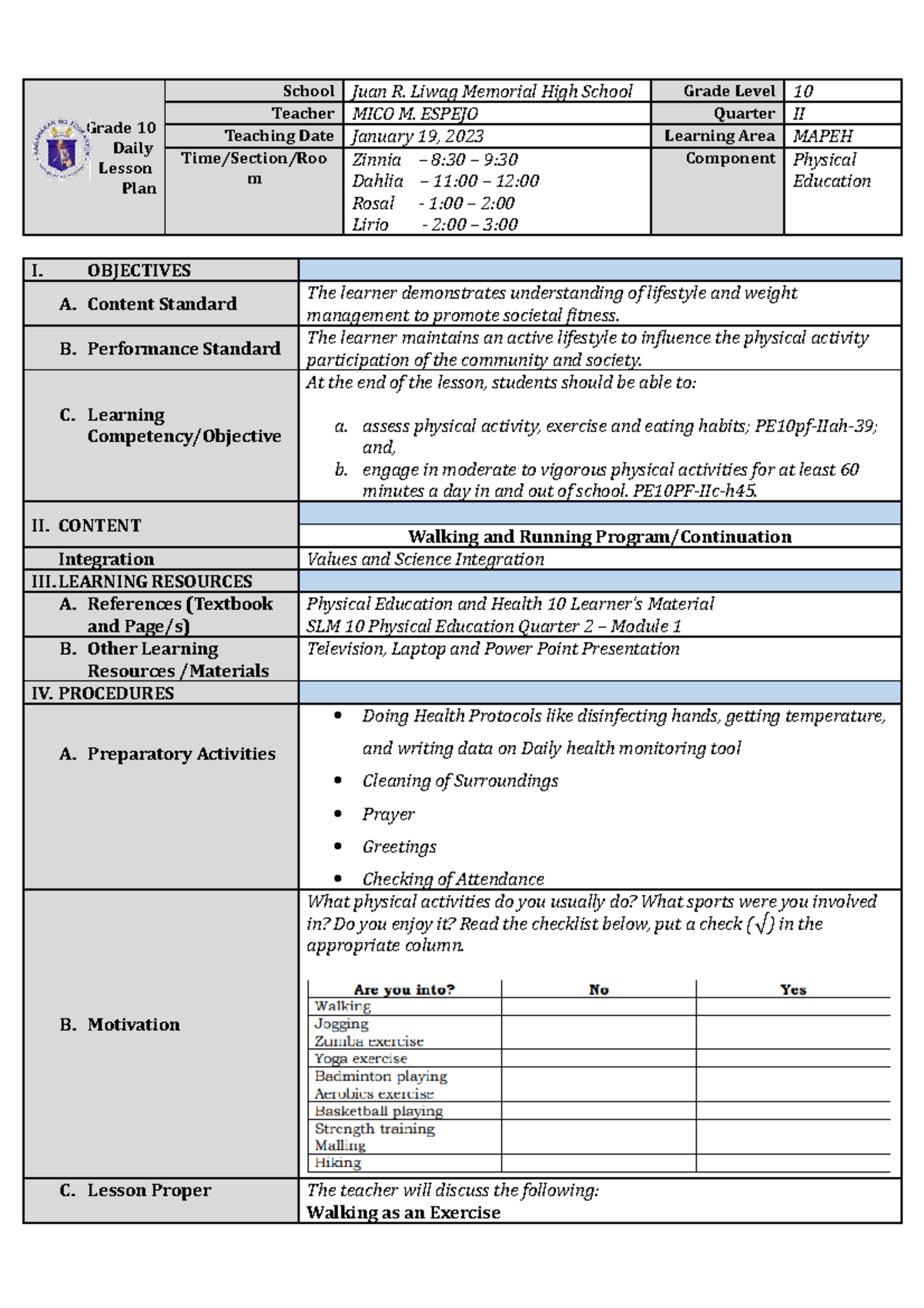 PE Walking and Running - Lesson plan - Grade 10 Daily Lesson Plan ...