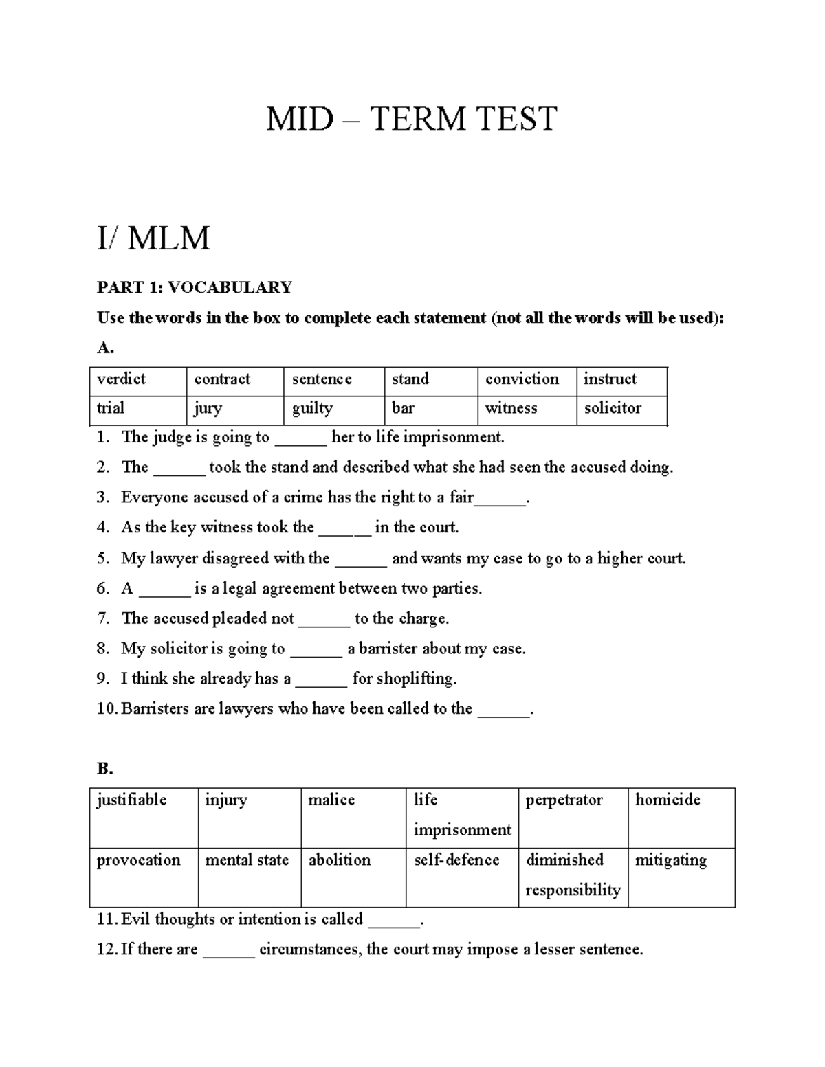 MID-TERM TEST - đáp án tiếng anh chuyên ngành - MID – TERM TEST I/ MLM ...
