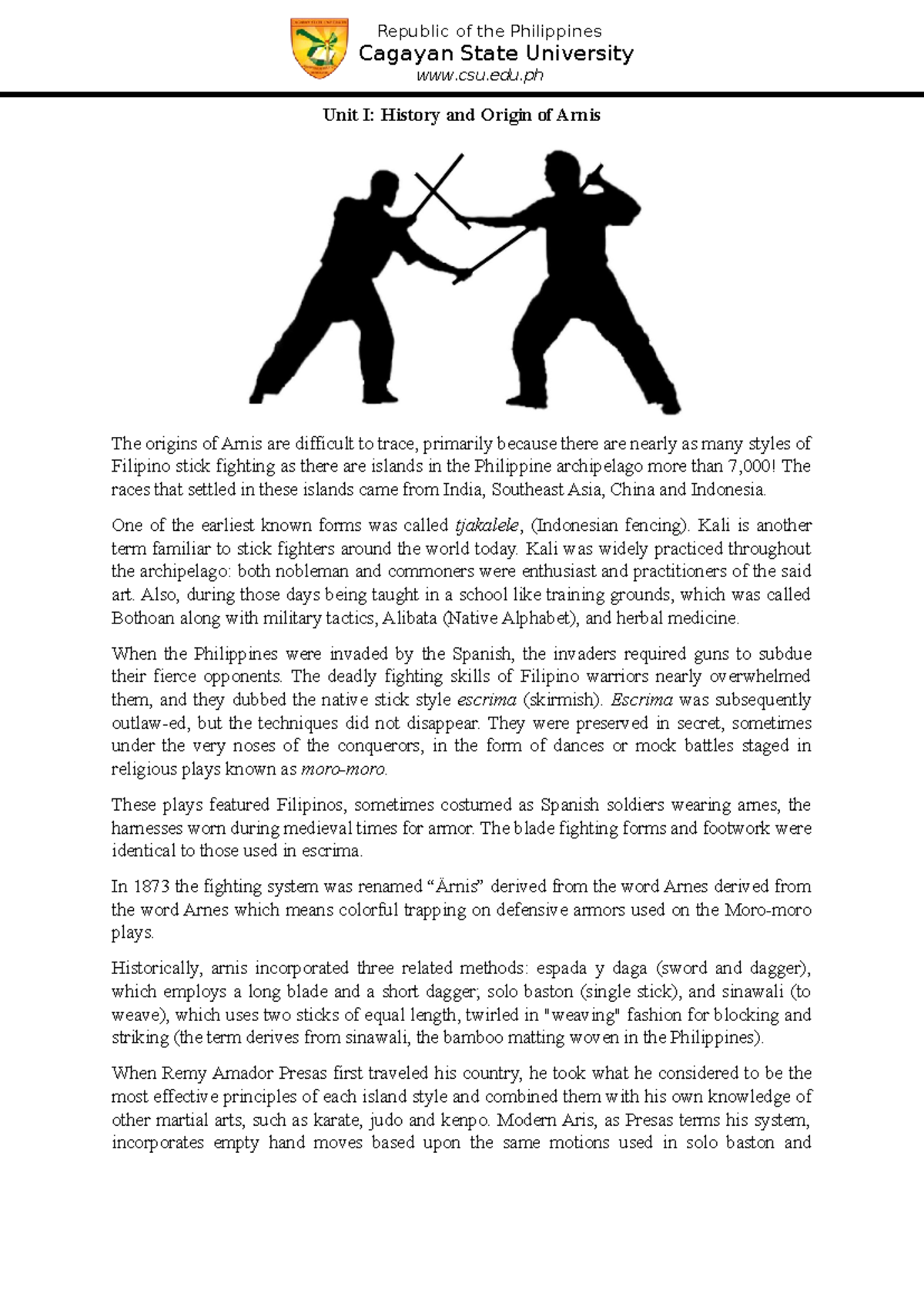 Unit 1 - History and Evolution of Arnis in Filipino Martial Arts - Studocu