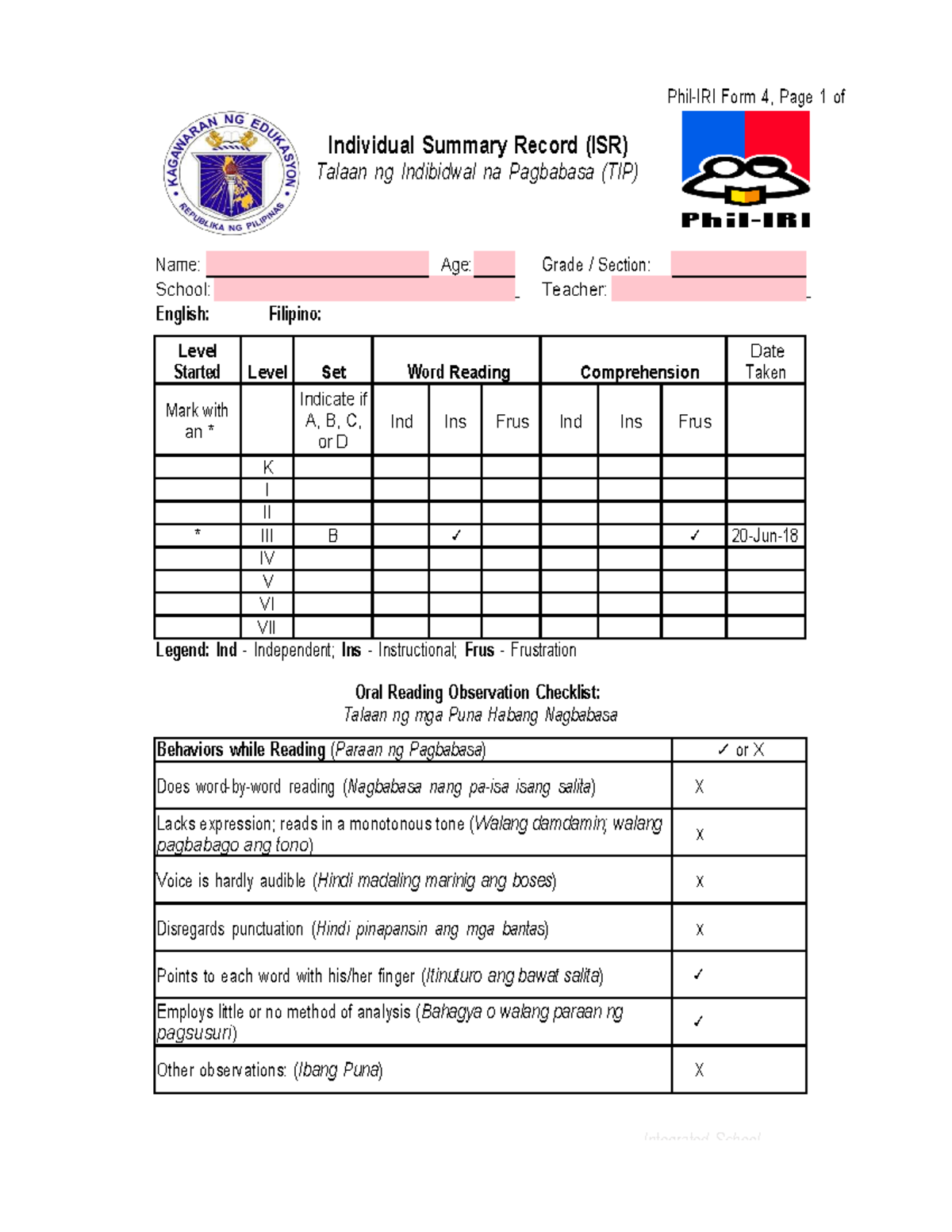 Phil-IRI Form 4: Individual Summary Record for Reading Assessment - Studocu
