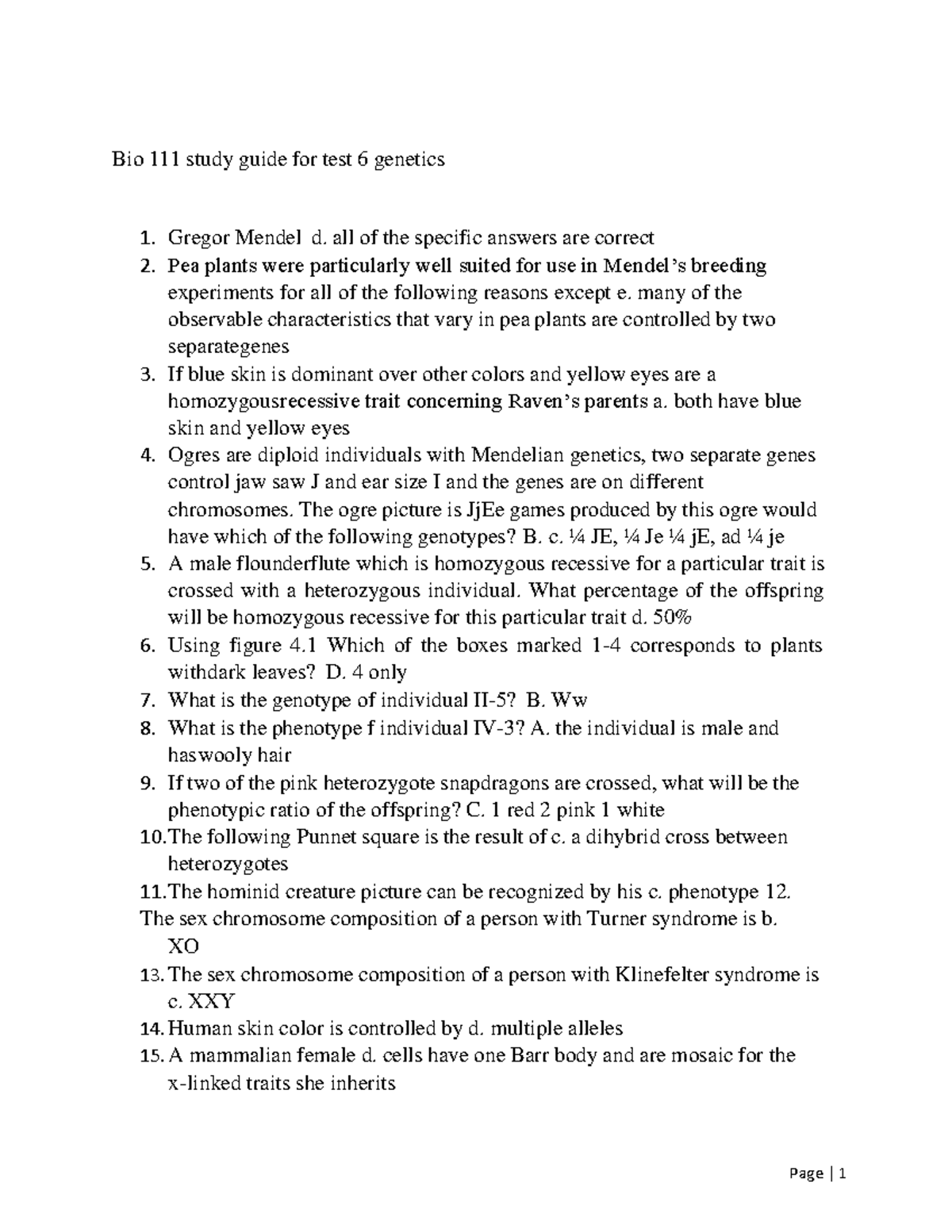 Bio 111 Study Guide for Test 6: Genetics Concepts and Problems - Studocu