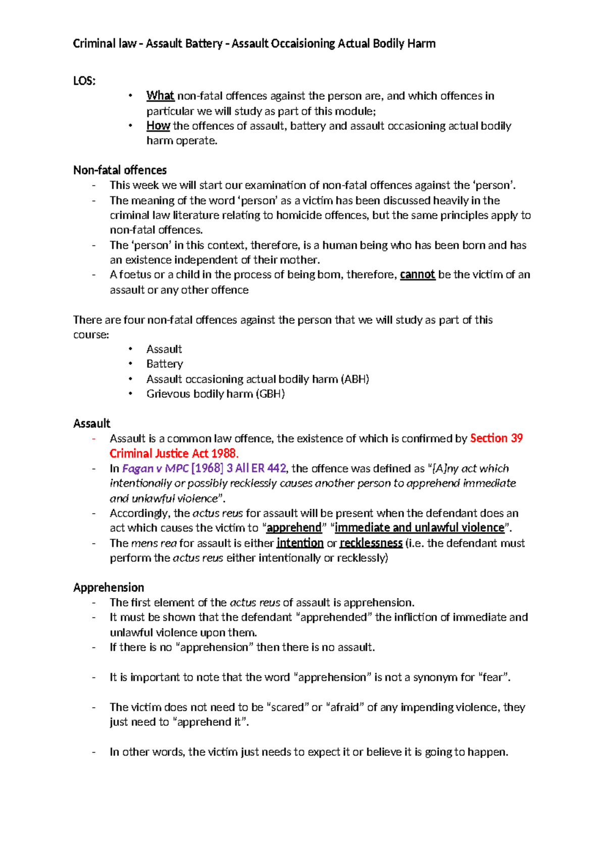 Criminal Law: Understanding Assault, Battery & ABH - Key Concepts - Studocu