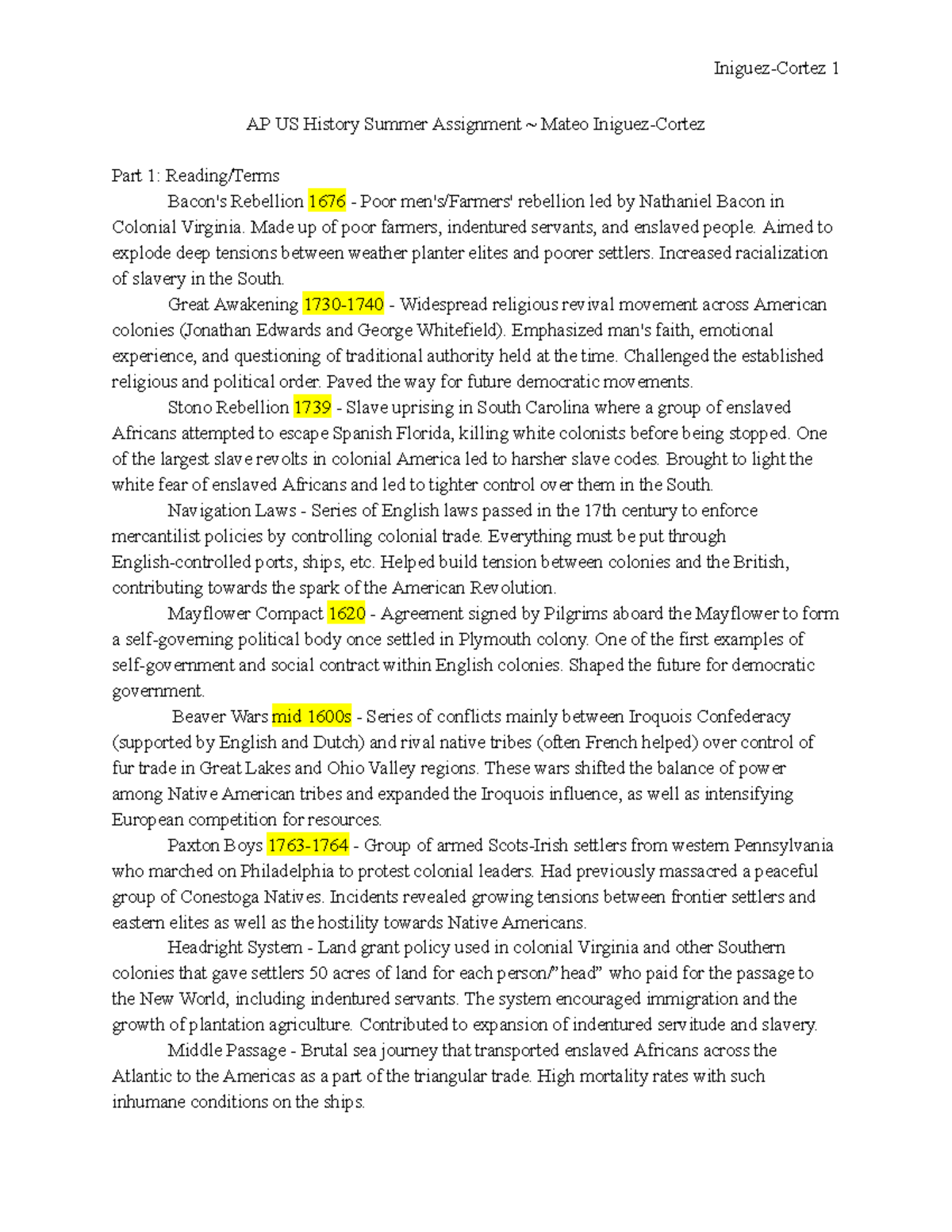 APUSH Summer Assignment Notes: Key Events & Rebellions in Colonial ...