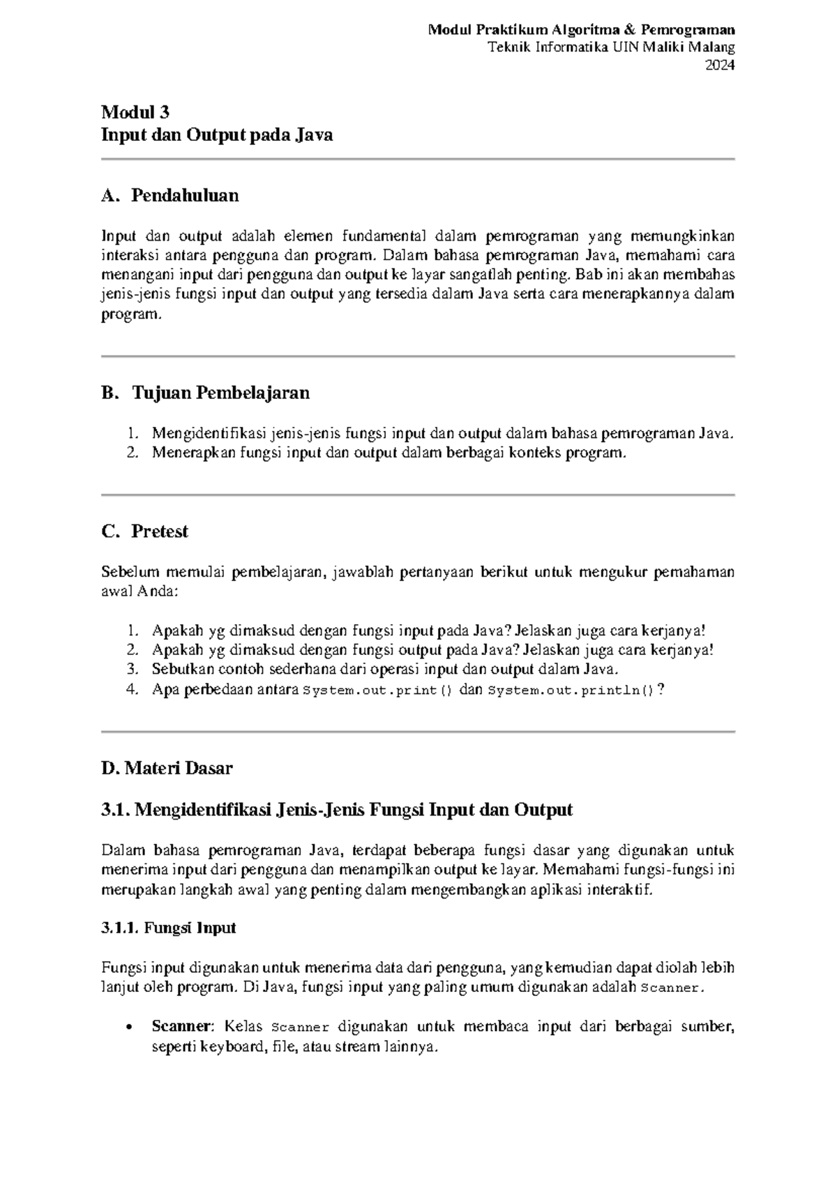 Modul 3: Input dan Output pada Java - Praktikum Algoritma Pemrograman TI UIN - Studocu