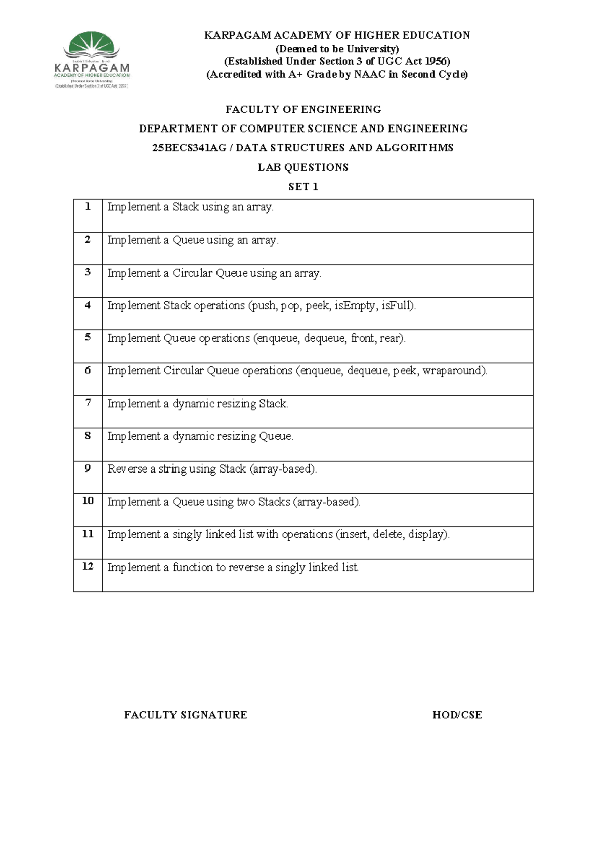 25BECS341AG Data Structures and Algorithms Lab Questions Set 1-4 - Studocu