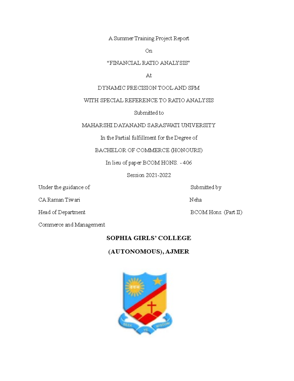 Financial Ratio Analysis Report - BCOM HONS. - 406 - Studocu