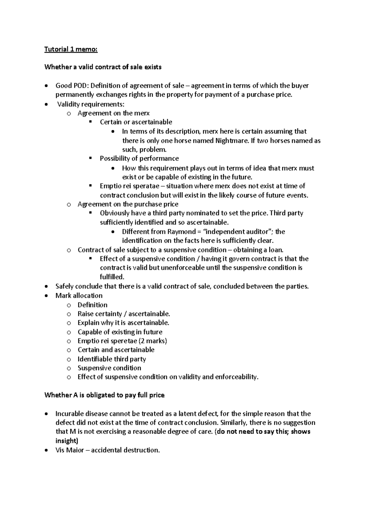 Tutorial 1 Memo: Validity of Sale Contracts and Payment Obligations ...
