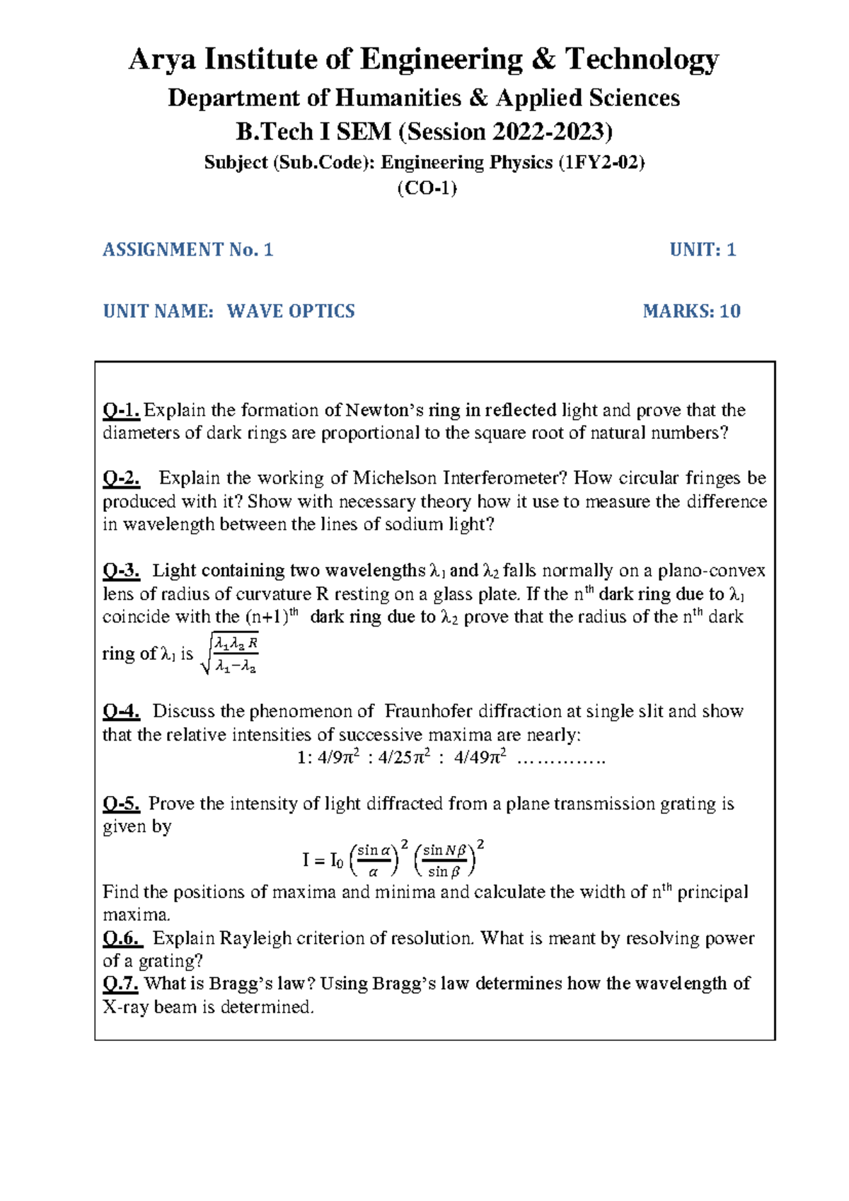 Assignments Physics 1st SEM 2022-23 - Department of Humanities & Applied Sciences B I SEM - Studocu