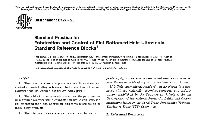 ASTM E127 20: Standard Practice for Fabrication of FBH Ultrasonic Blocks - Studocu