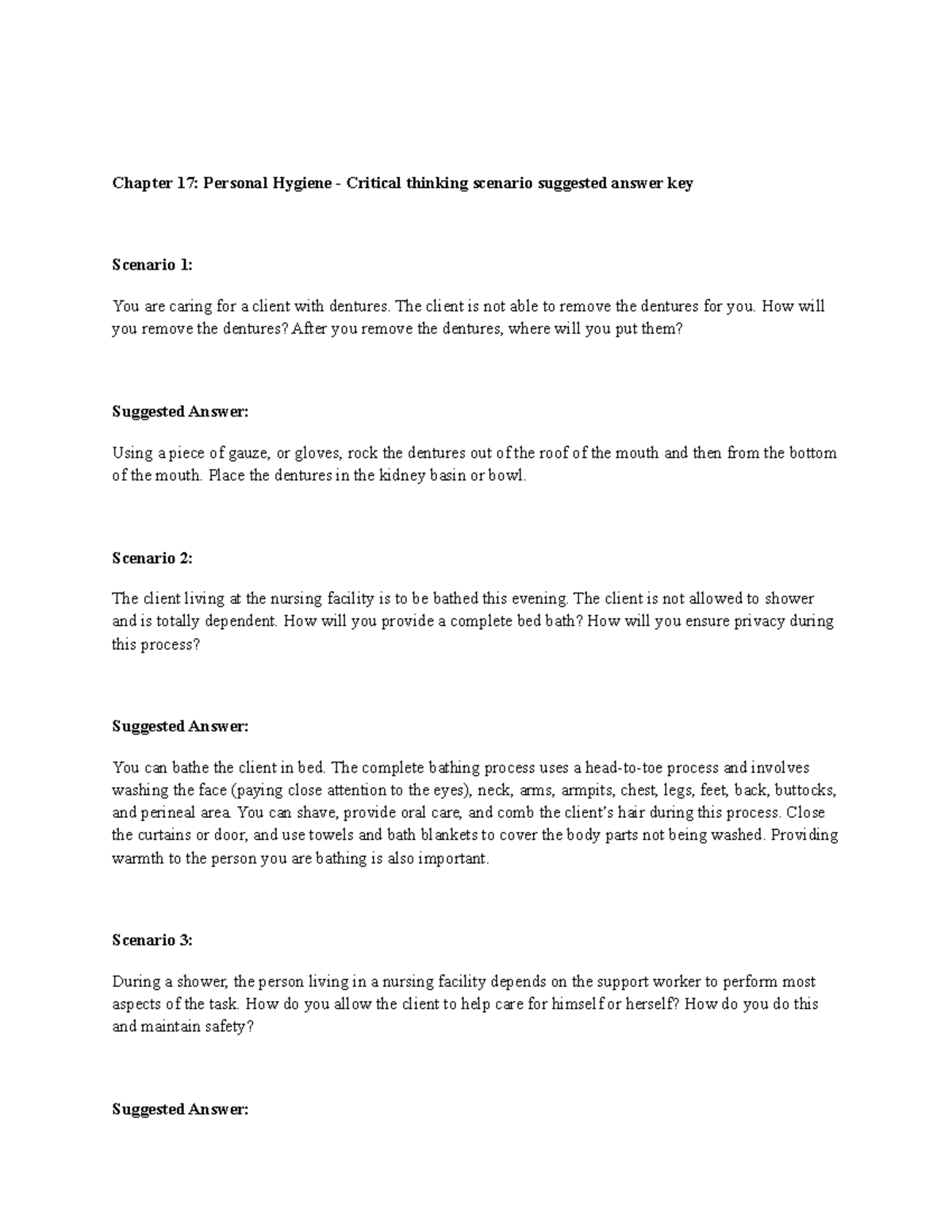 Chapter 17 - Personal Hygiene: Critical Thinking Scenario Answers - Studocu