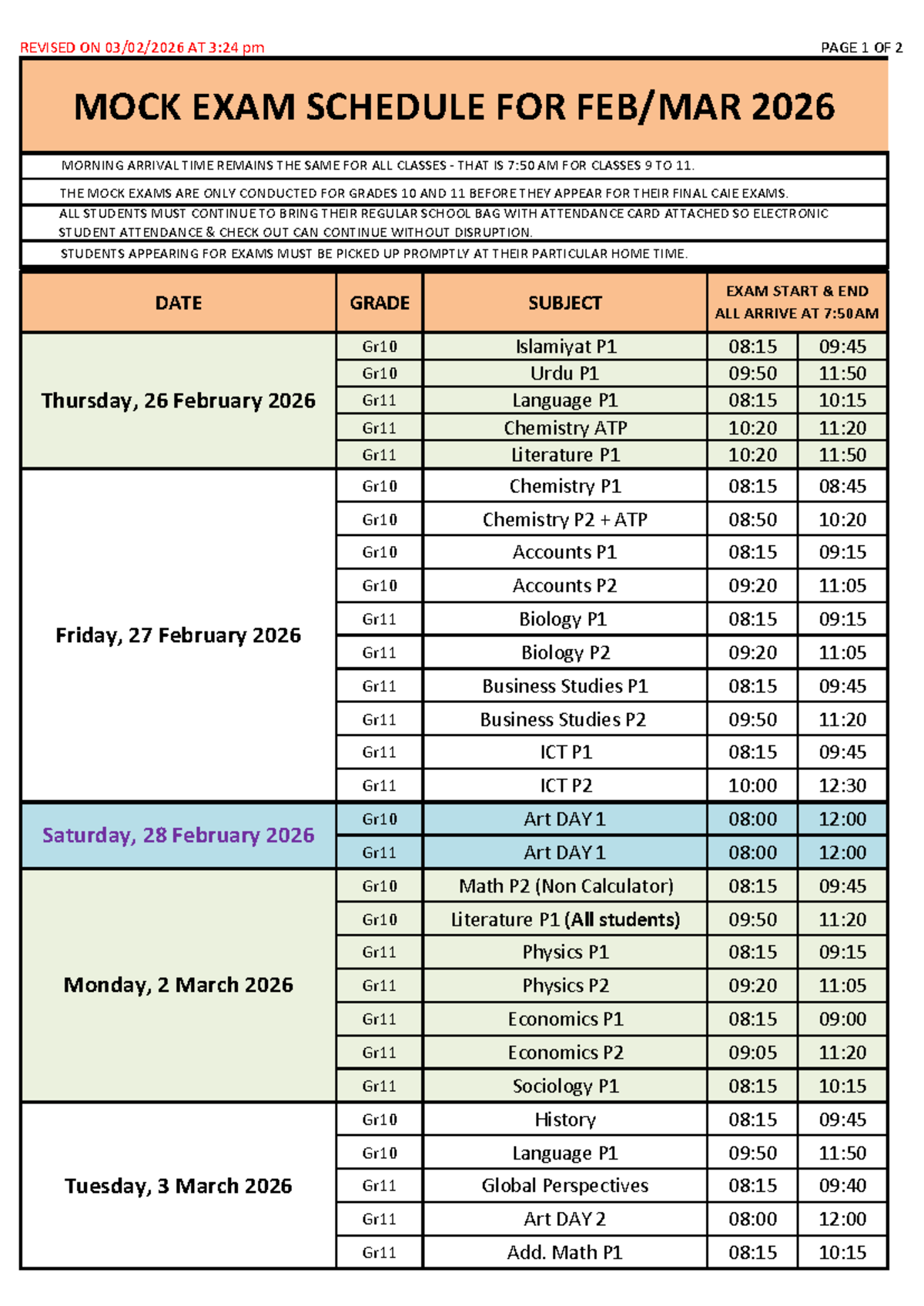 Mock Exam Schedule 2026 for Grades 10 & 11 - Studocu