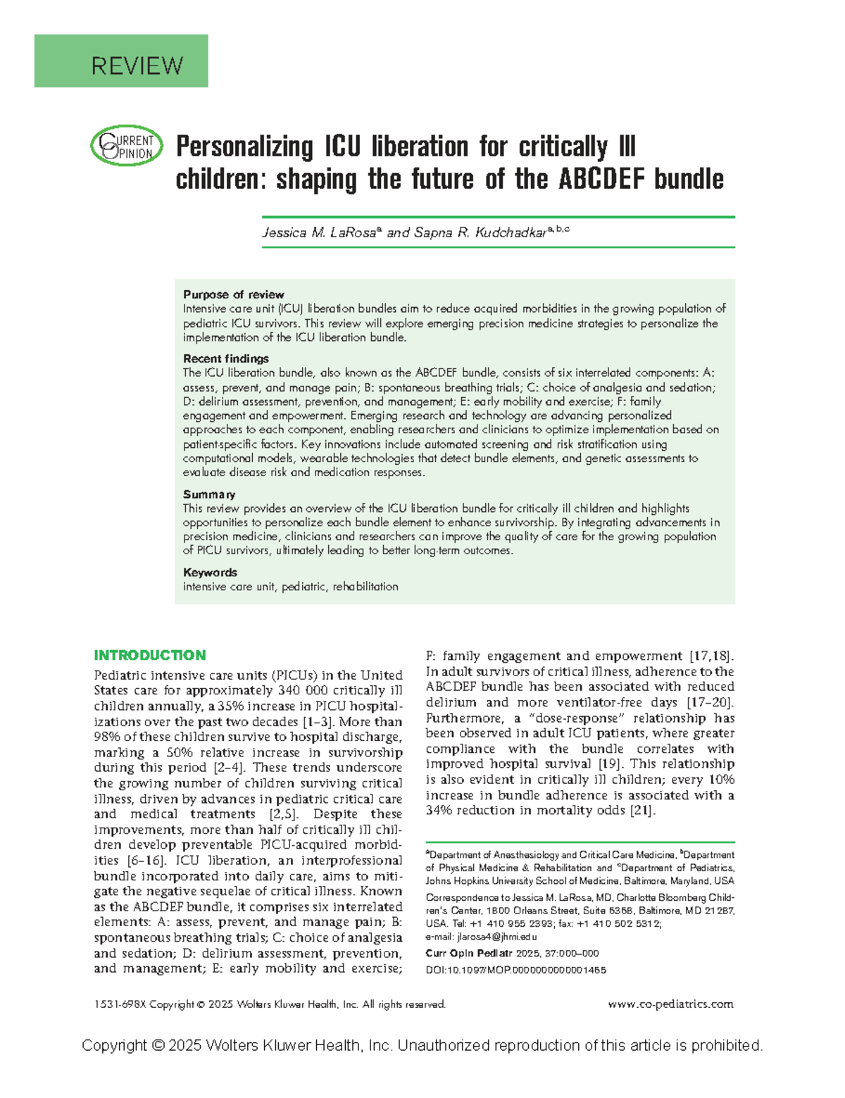 CE: Personalizing ICU Liberation for Critically Ill Children: ABCDEF ...