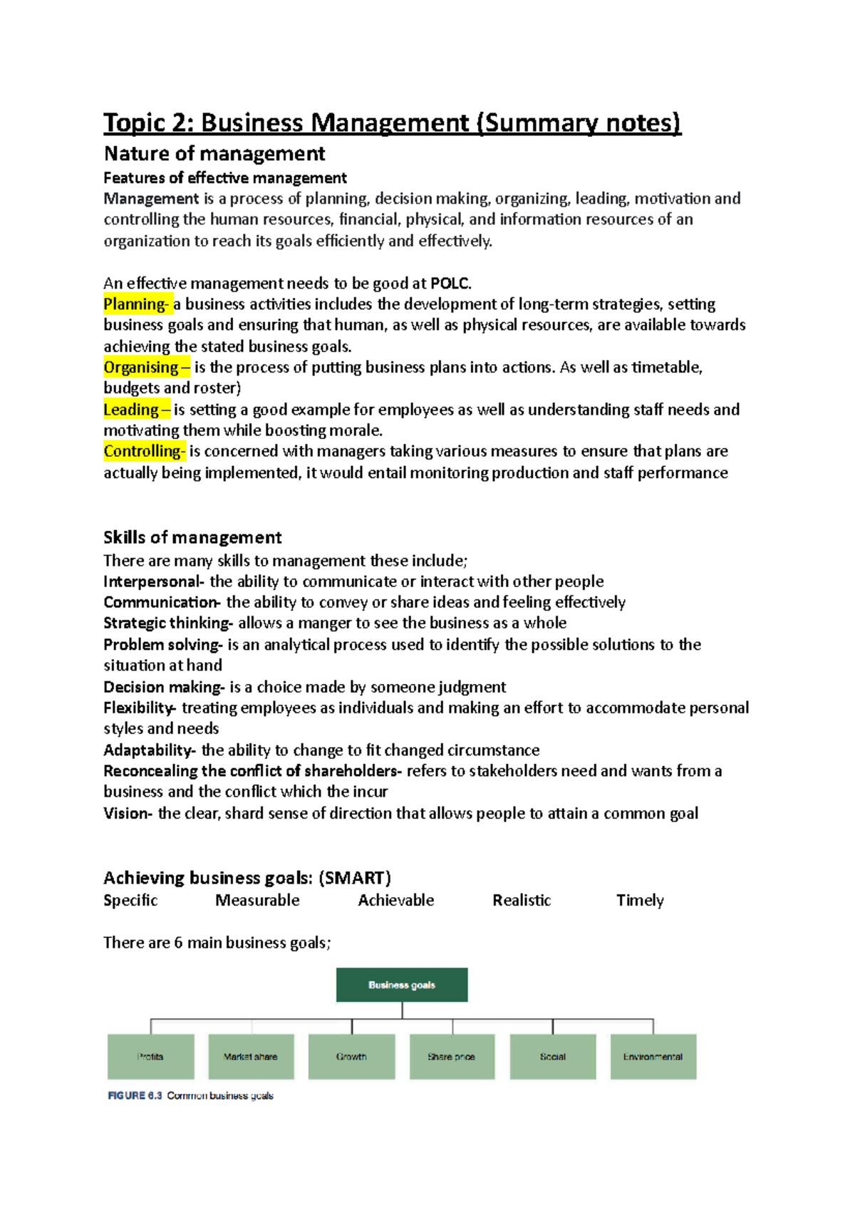 Business topic 2 summary - Topic 2: Business Management (Summary notes ...
