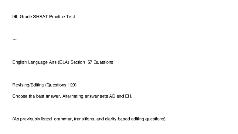 9th Grade SHSAT Practice Test: ELA & Math Sections with 57 Questions ...