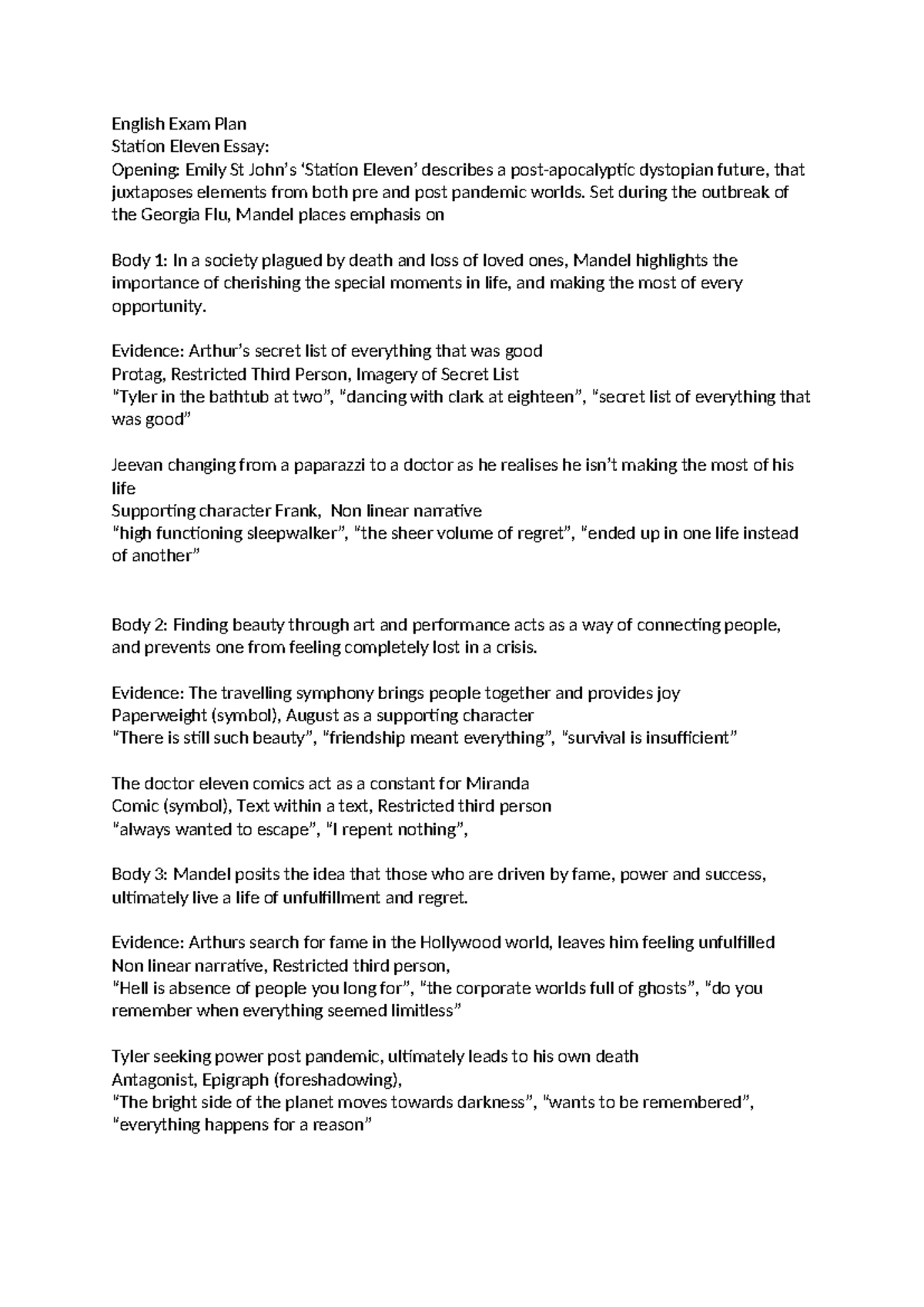ENG 101 Final Exam Essay Plan: Analyzing 'Station Eleven' & 'The Queen ...