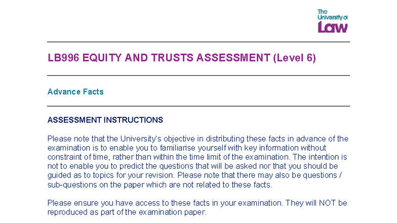 LB996 EQUITY AND TRUSTS ASSESSMENT: Advance Facts for Exam Preparation ...