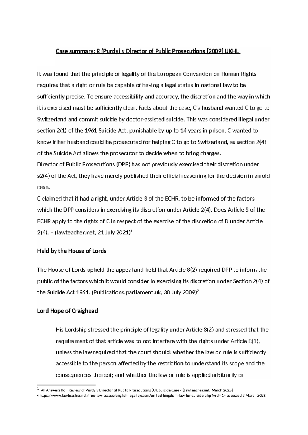 Case Summary R v Purdy NO Cover - Case summary: R (Purdy) v Director of ...