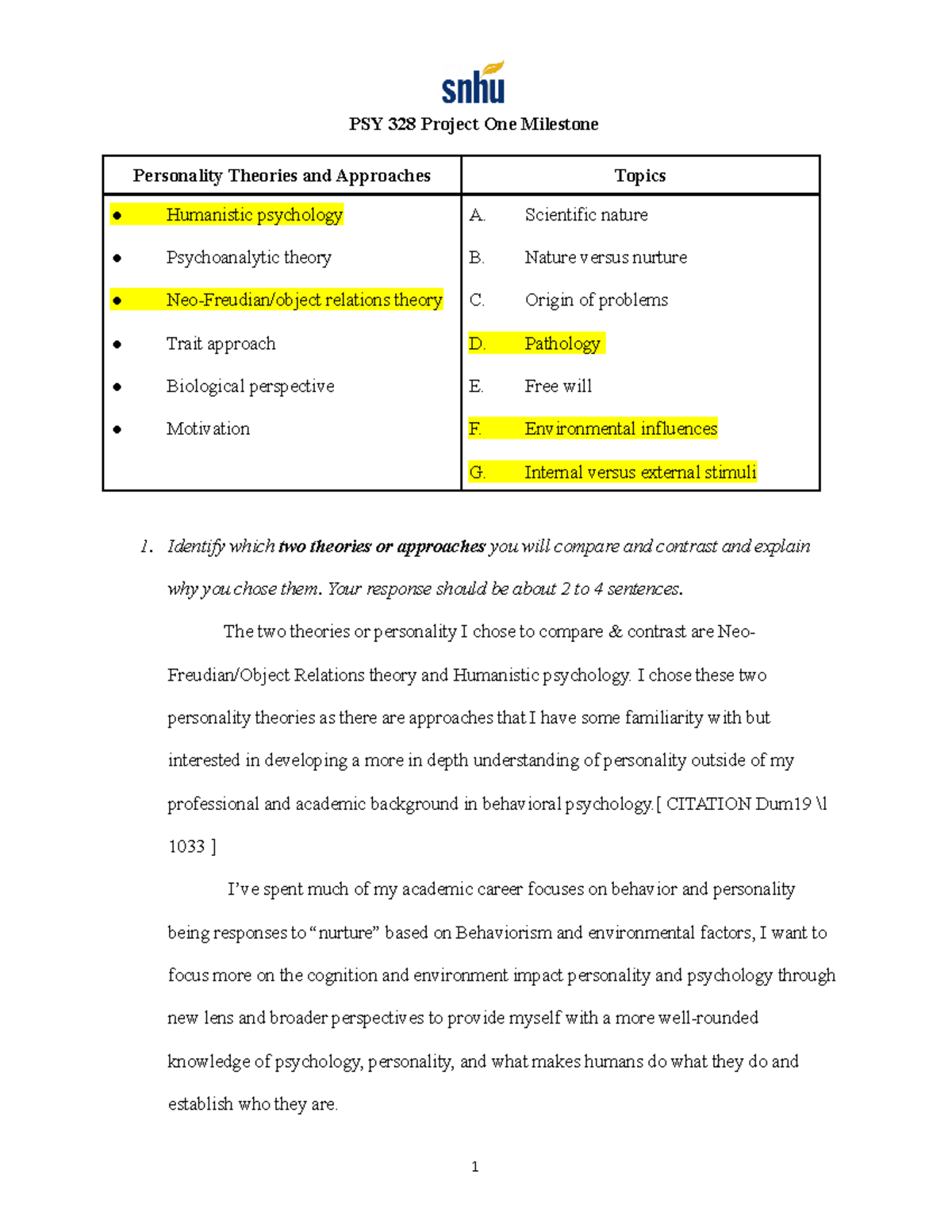 PSY 328 Project One Milestone - PSY 328 Project One Milestone ...