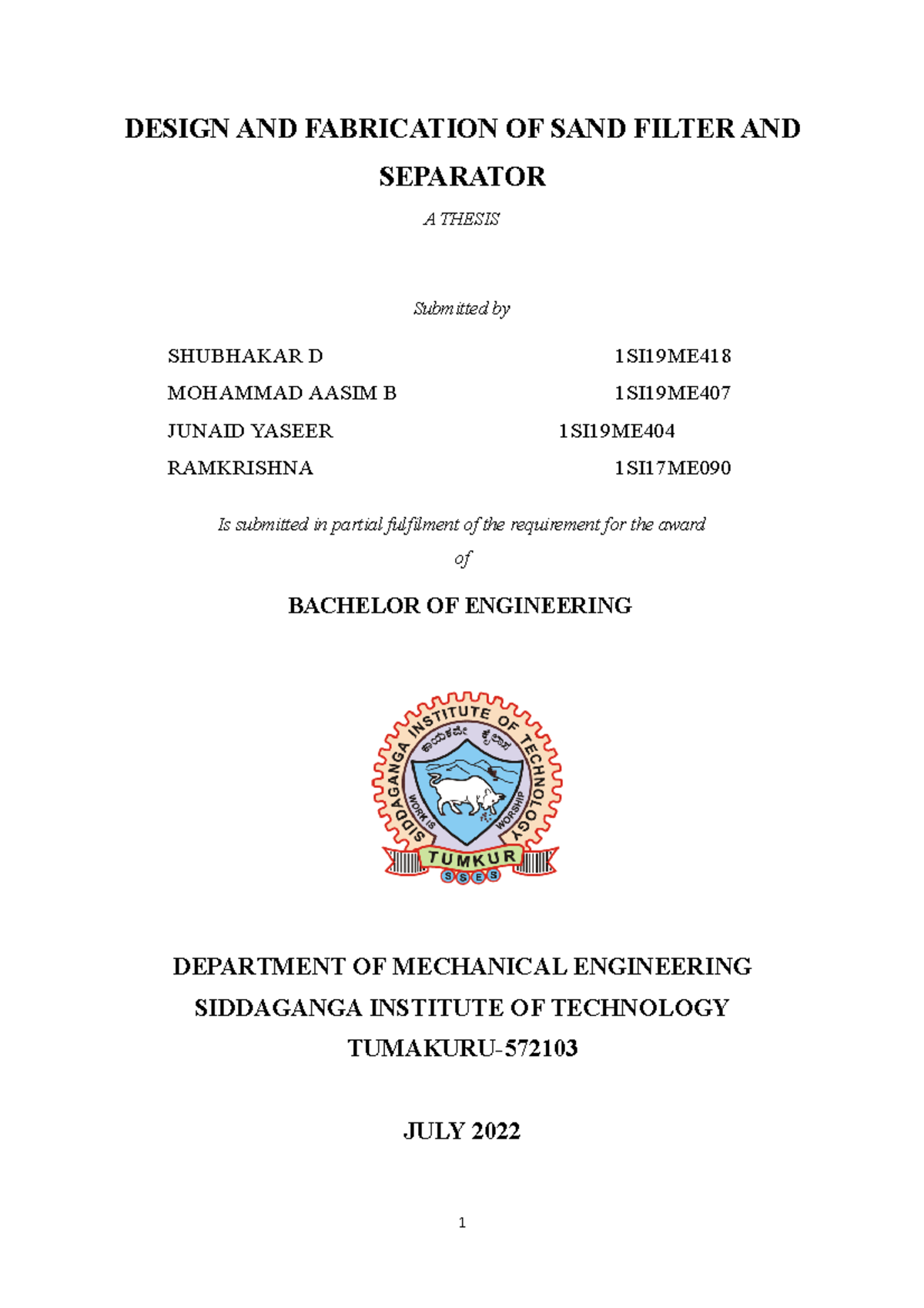 Final Project Report: Design & Fabrication of Sand Filter (1SI19ME ...
