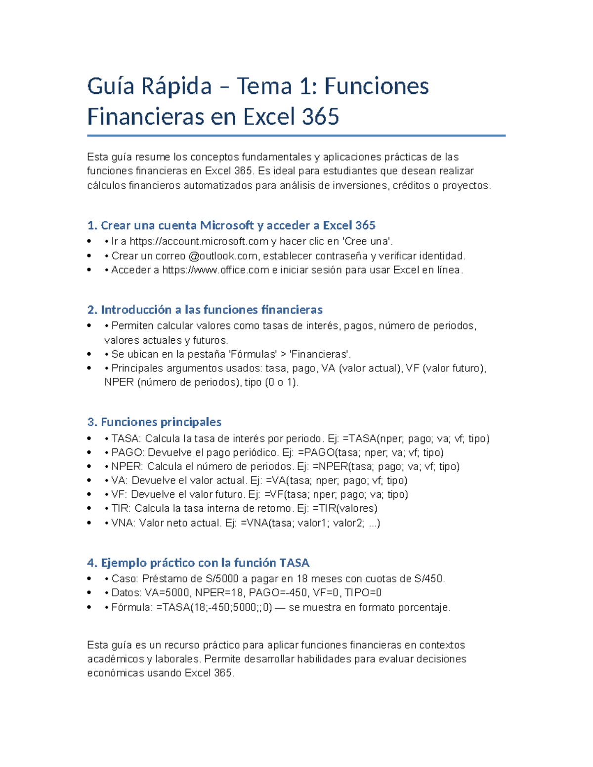 Guía Rápida: Funciones Financieras en Excel 365 - Tema 1 - Studocu