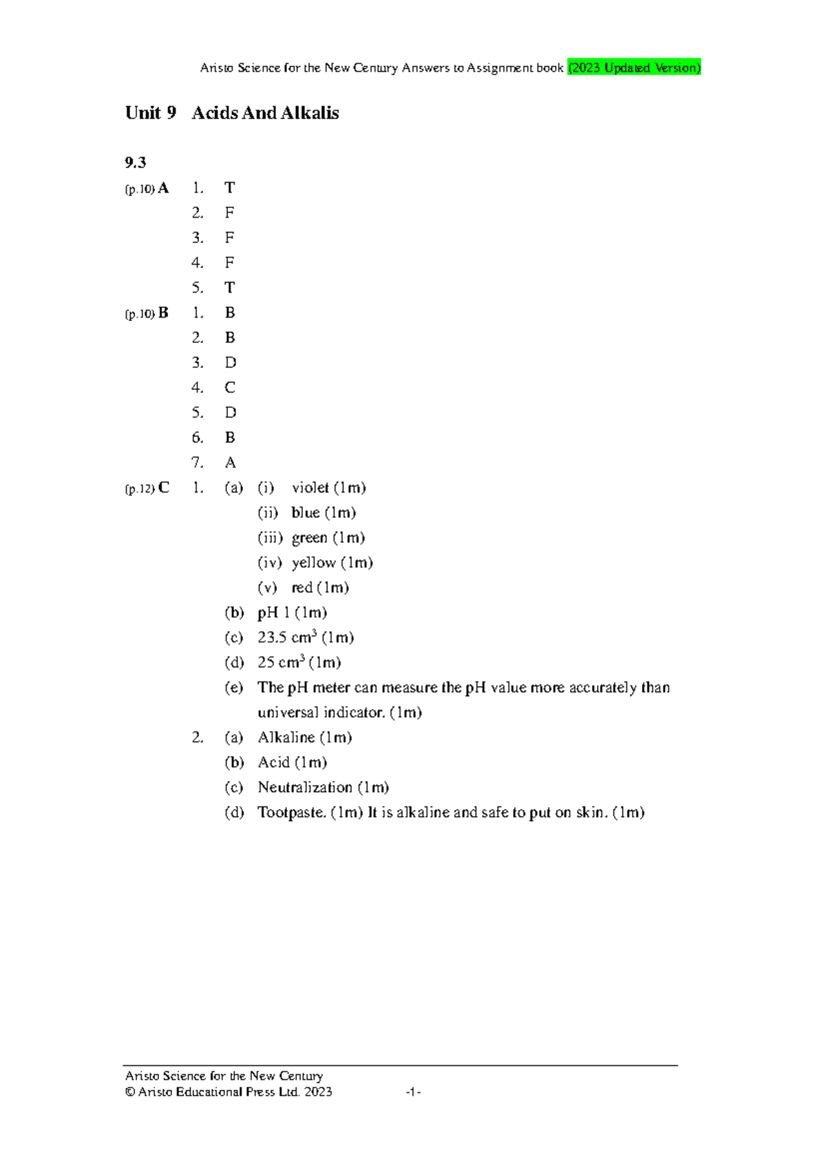 Aristo Science for the New Century: Unit 9 Acids & Alkalis Answers ...
