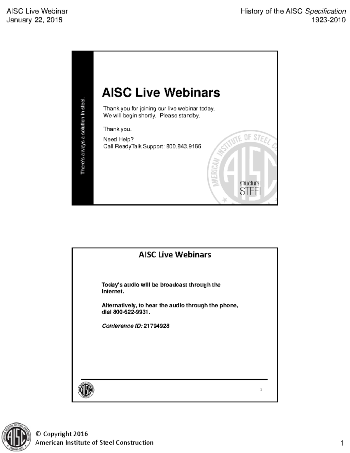 History of the aisc specification - January 22, 2016 1923- © Copyright ...