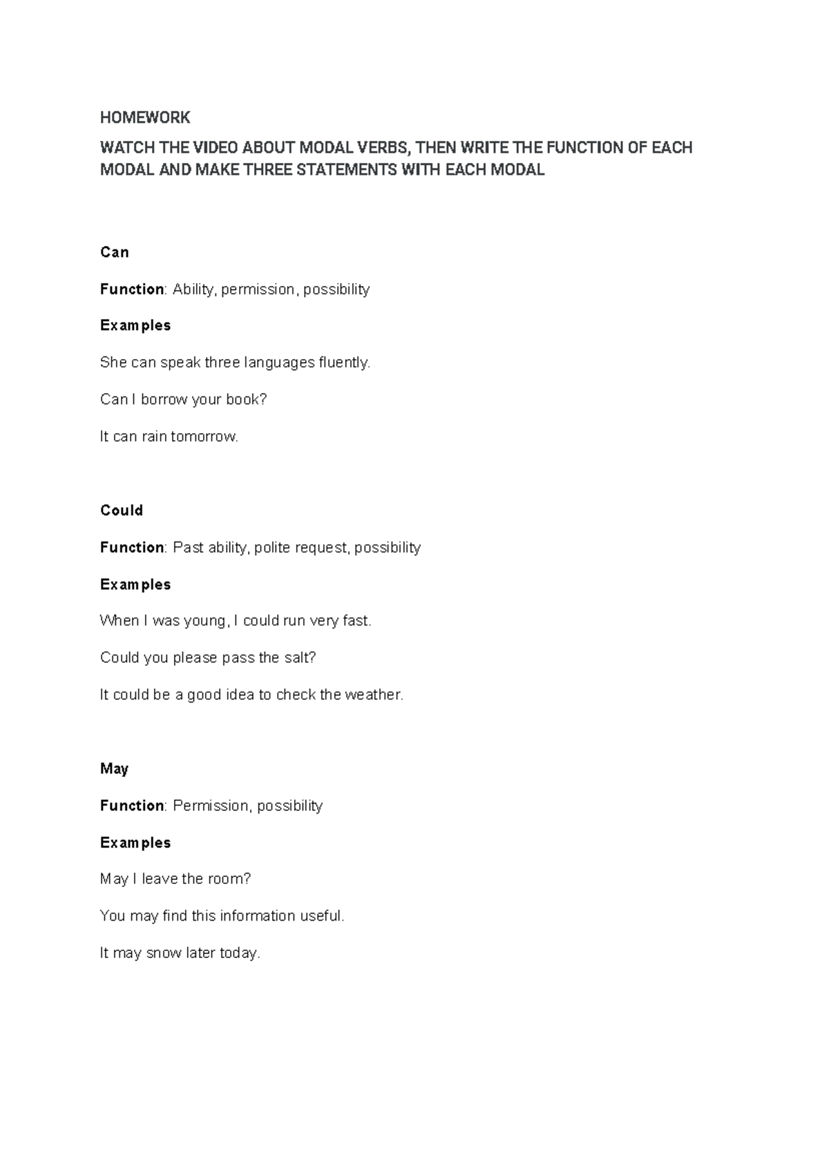 Modal Verbs Homework: Functions and Examples Explained - Studocu
