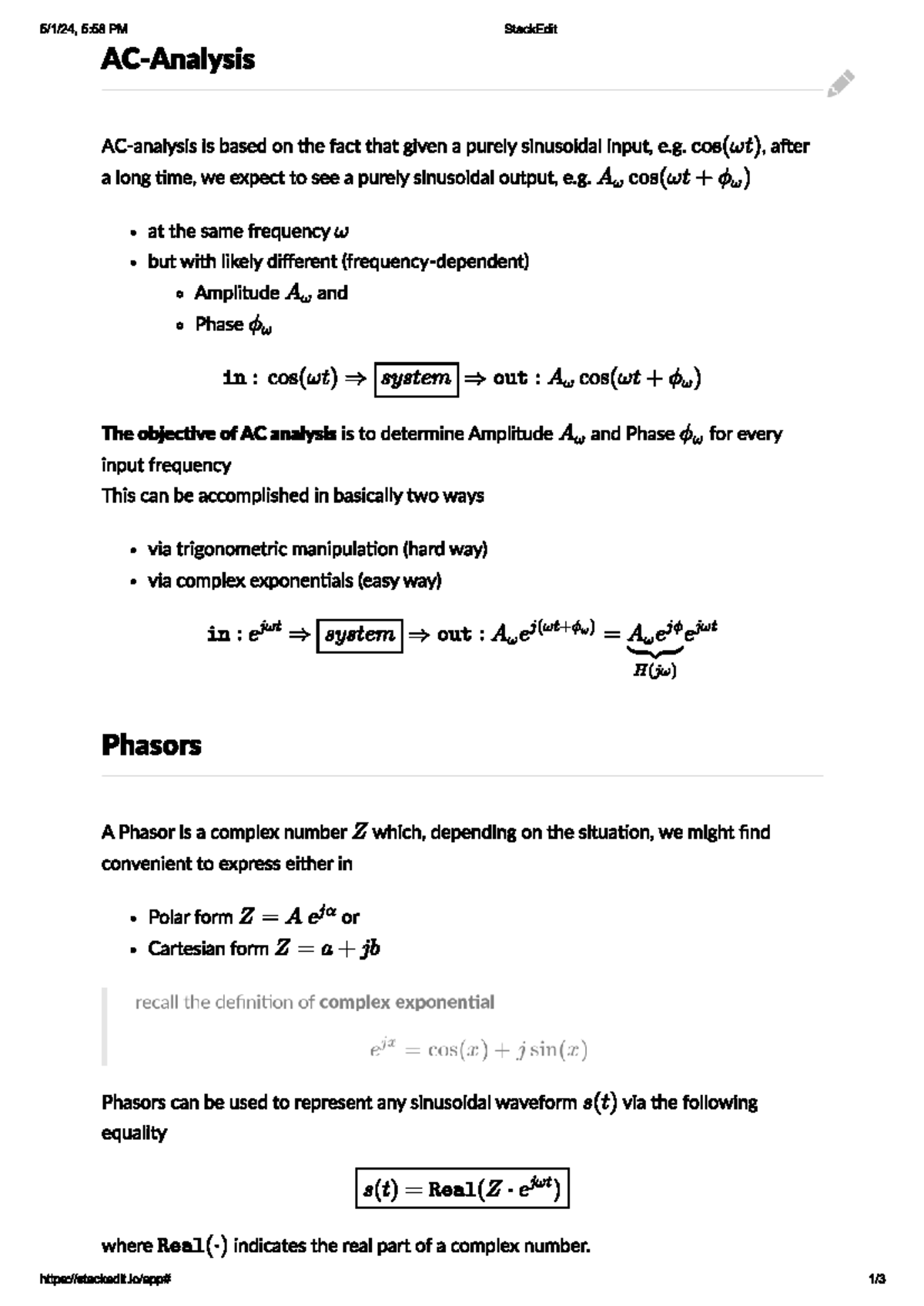 Recap on Phasors in AC Circuits - Lecture Notes - Studocu