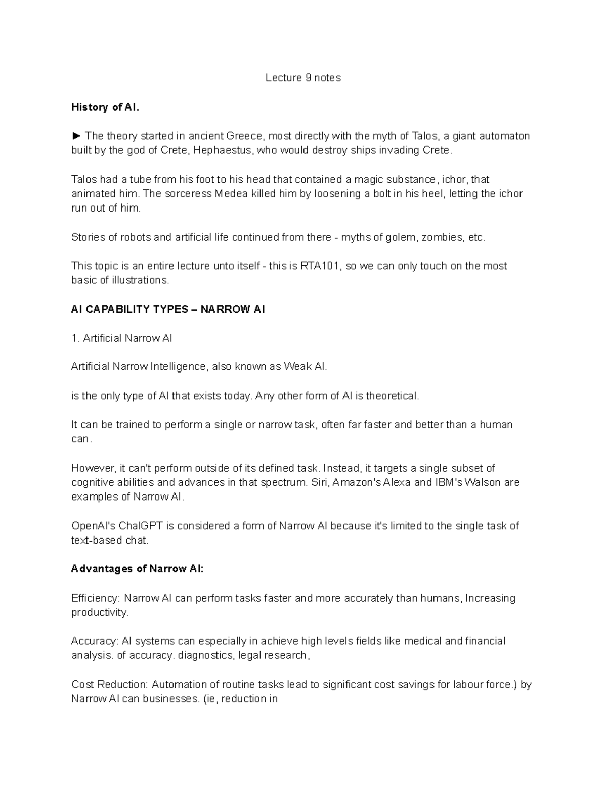 Lecture 9 Notes: History and Types of AI (RTA101) - Studocu