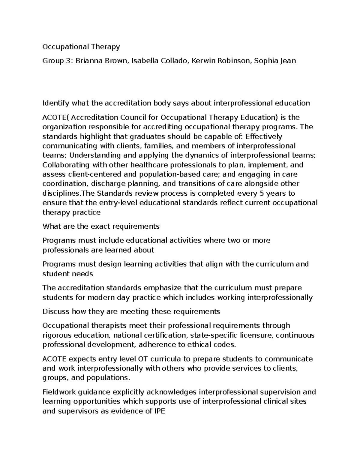 Occupational Therapy Accreditation Standards & Interprofessional ...